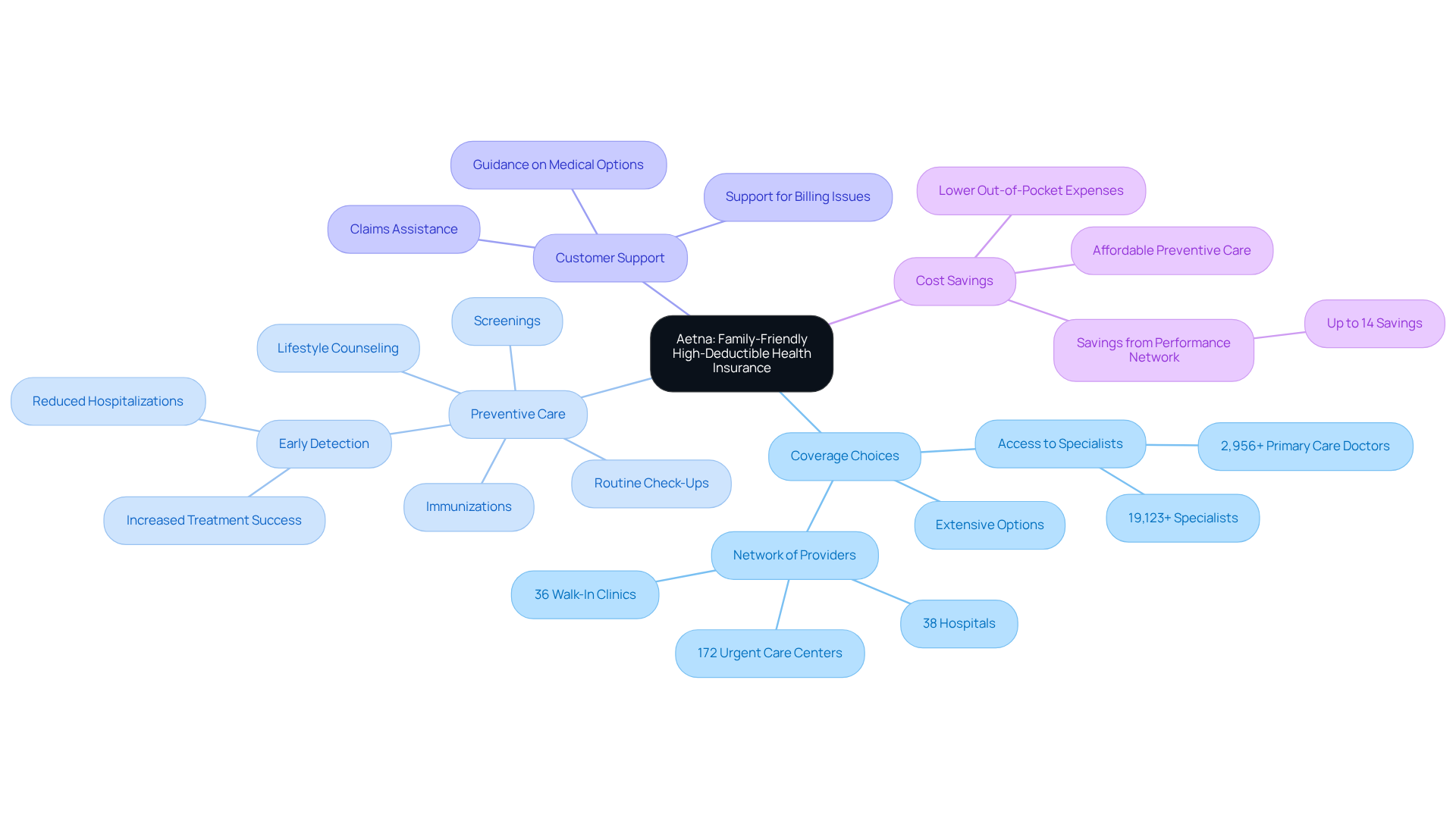 At the center is Aetna's commitment to families. Each branch represents a key aspect of their insurance solutions, showing how they cater to family needs and promote health and financial security.