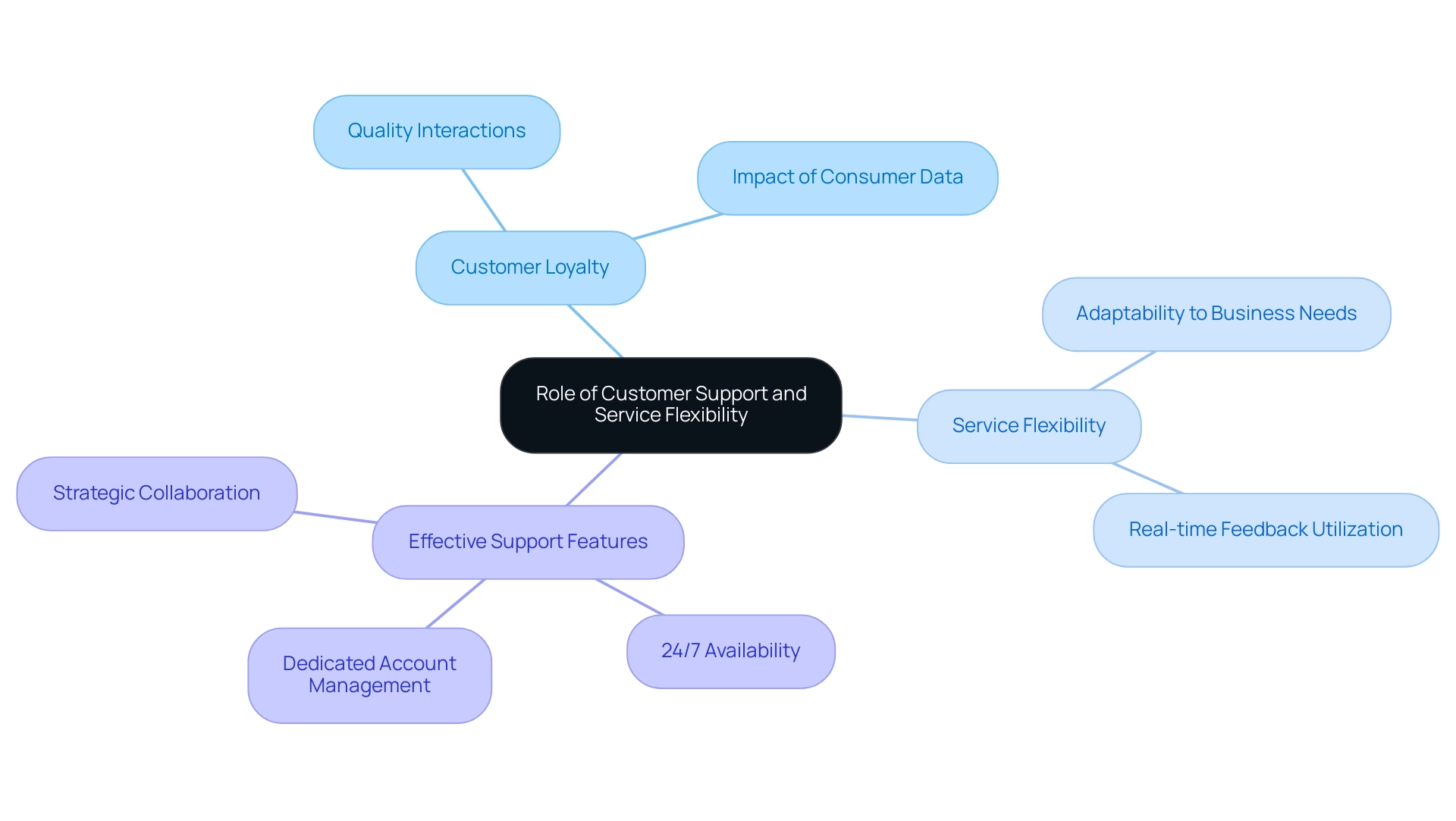 The central node represents the overall theme, with branches illustrating key categories and their respective subcategories related to customer support.