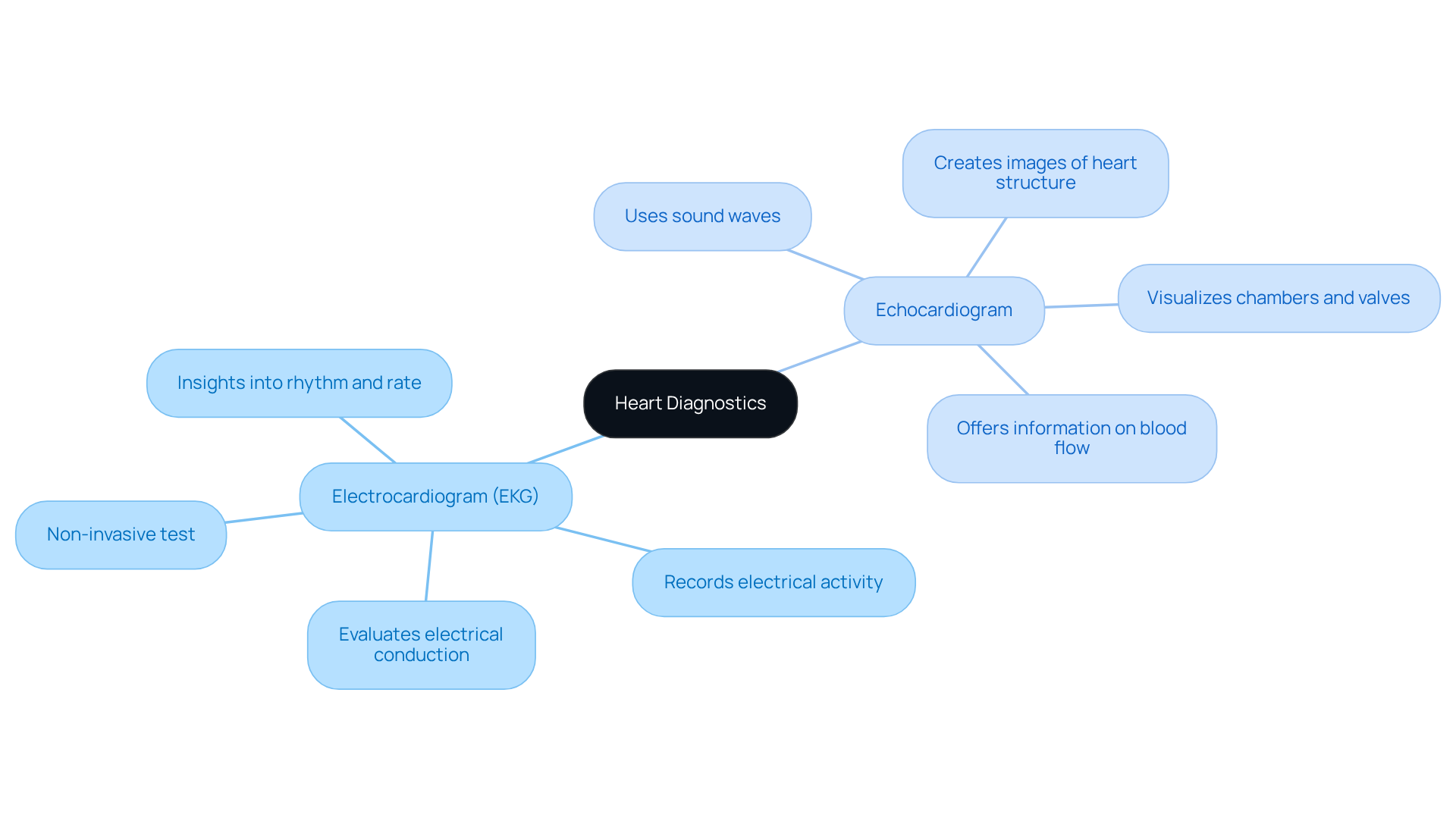 The central node represents heart diagnostics, with branches showing the two types of tests. Each sub-branch provides specific characteristics, helping you understand what each test does and how they differ.