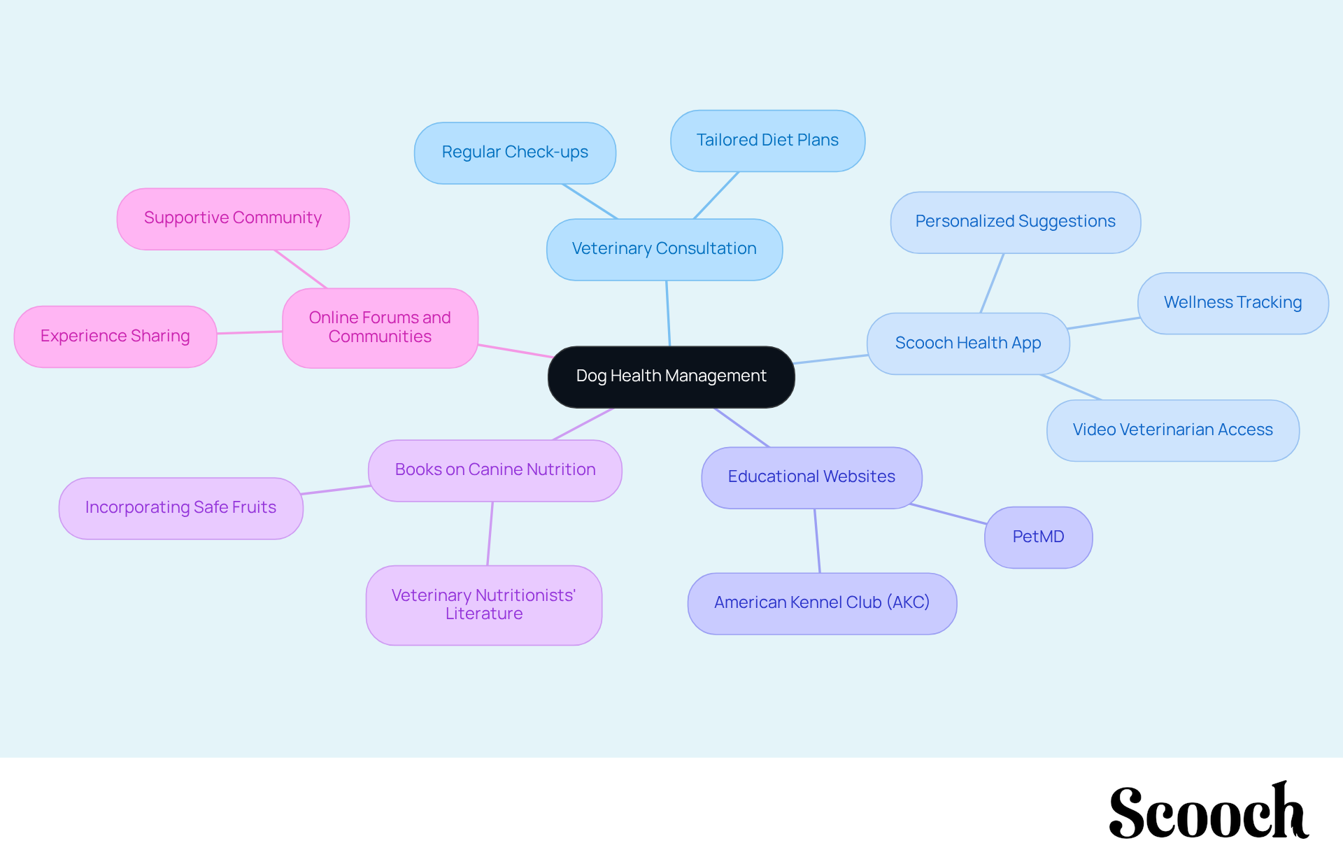 The center represents the overall goal of managing your dog's health, while the branches show various resources that can help achieve that goal. Each branch highlights a specific area of focus, making it easy to see how they all connect. The center represents the overall goal of managing your dog's health, while the branches show various resources that can help achieve that goal. Each branch highlights a specific area of focus, making it easy to see how they all connect.