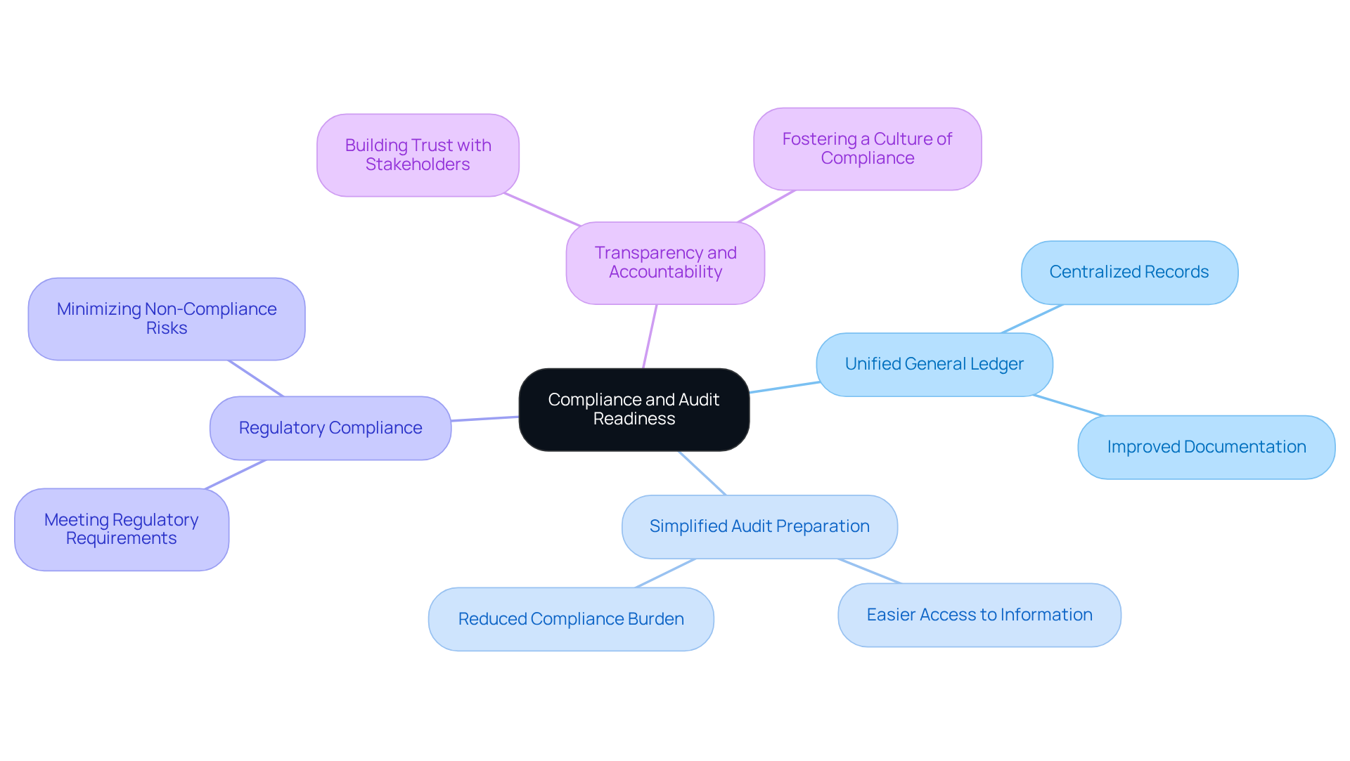The central node represents the main theme, while the branches show how different aspects contribute to compliance and audit readiness. Each color-coded branch highlights a specific area of focus, making it easy to see the connections.