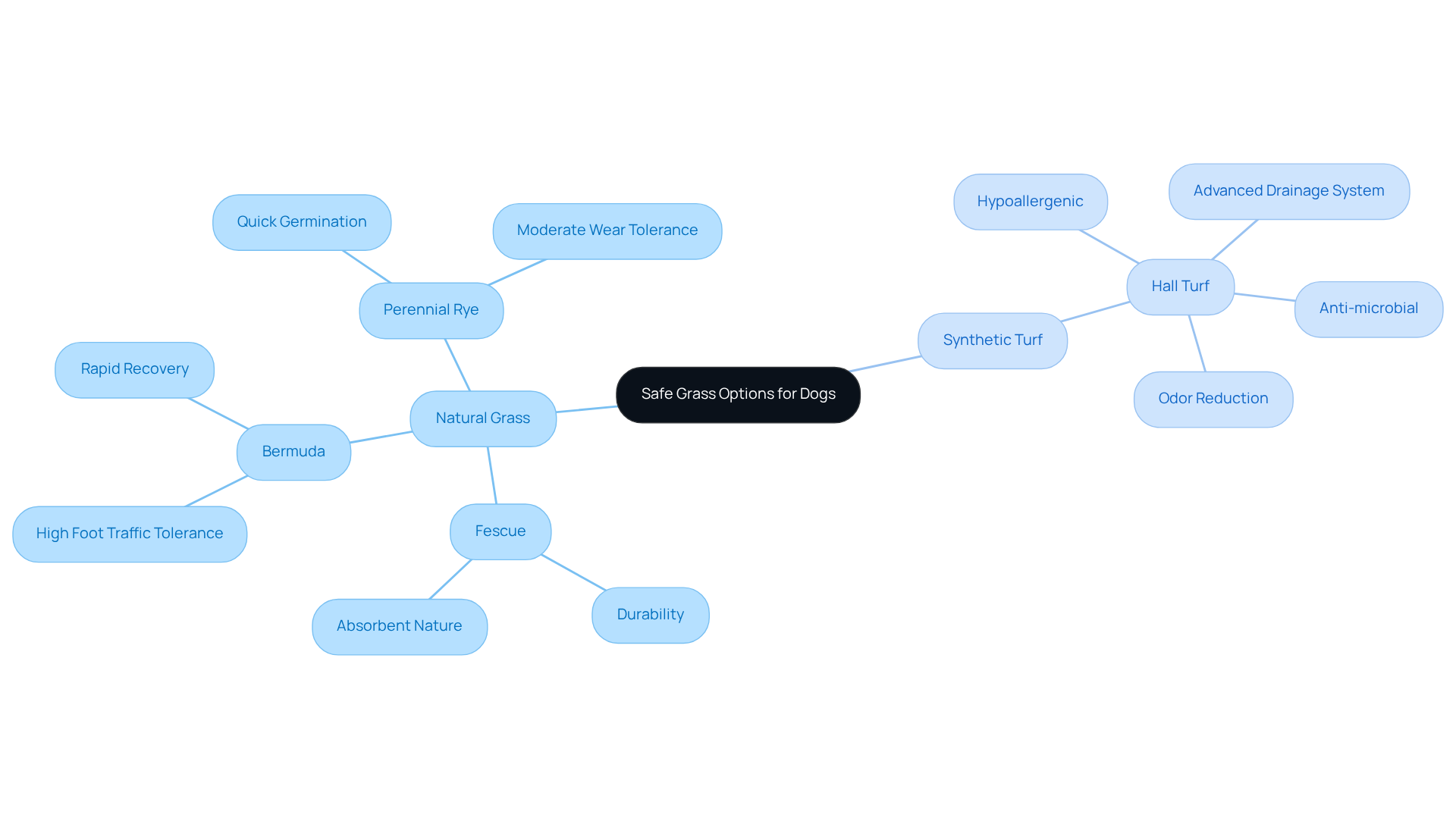This mindmap starts with the main topic of safe grass options for dogs. From there, you can explore natural grass types and the benefits of synthetic turf, especially Hall Turf's features. Each branch shows how these options relate to your dog's safety and comfort. This mindmap starts with the main topic of safe grass options for dogs. From there, you can explore natural grass types and the benefits of synthetic turf, especially Hall Turf's features. Each branch shows how these options relate to your dog's safety and comfort.