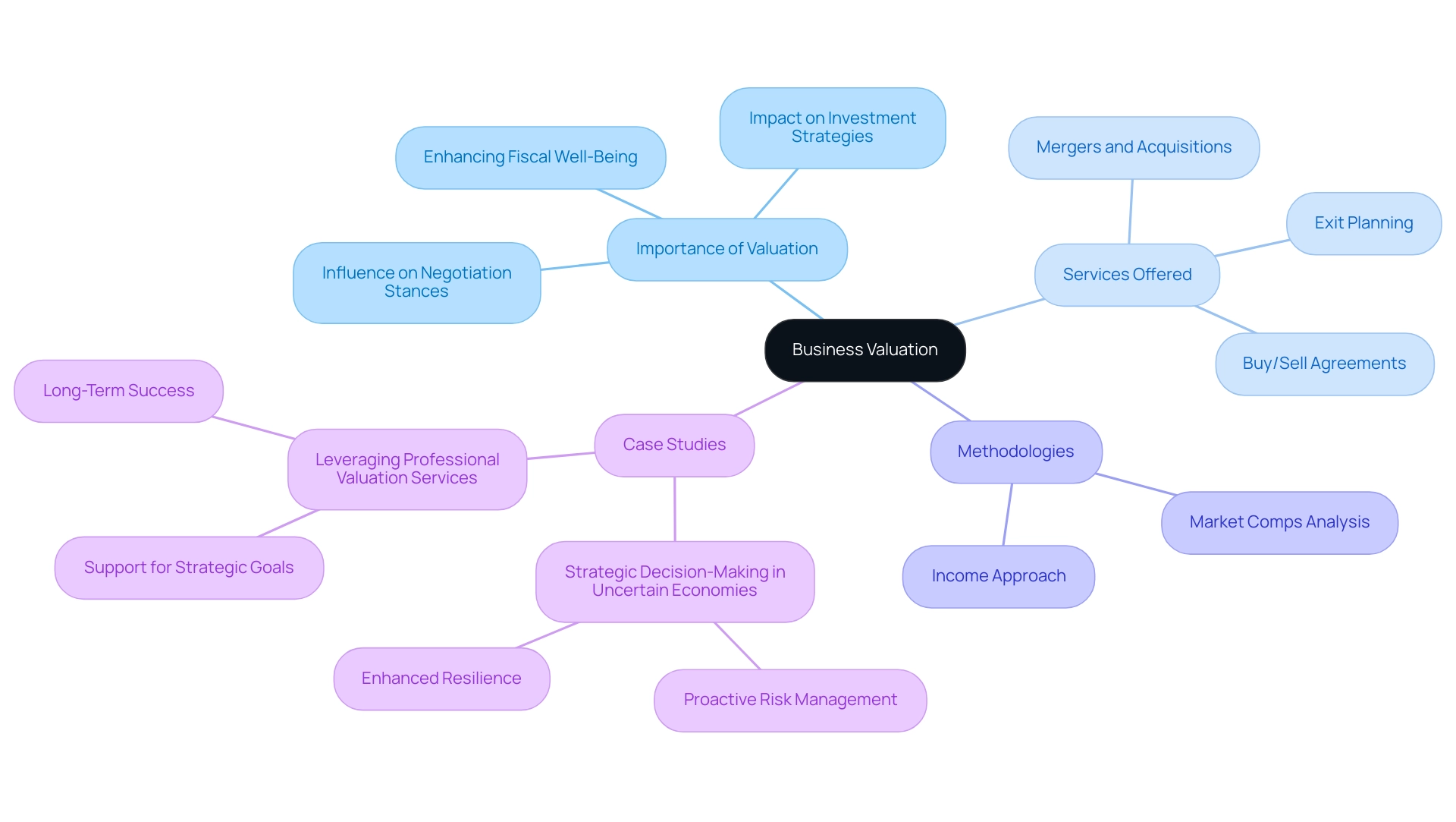 The central node represents business valuation, with branches indicating key areas like services, methodologies, and case studies.