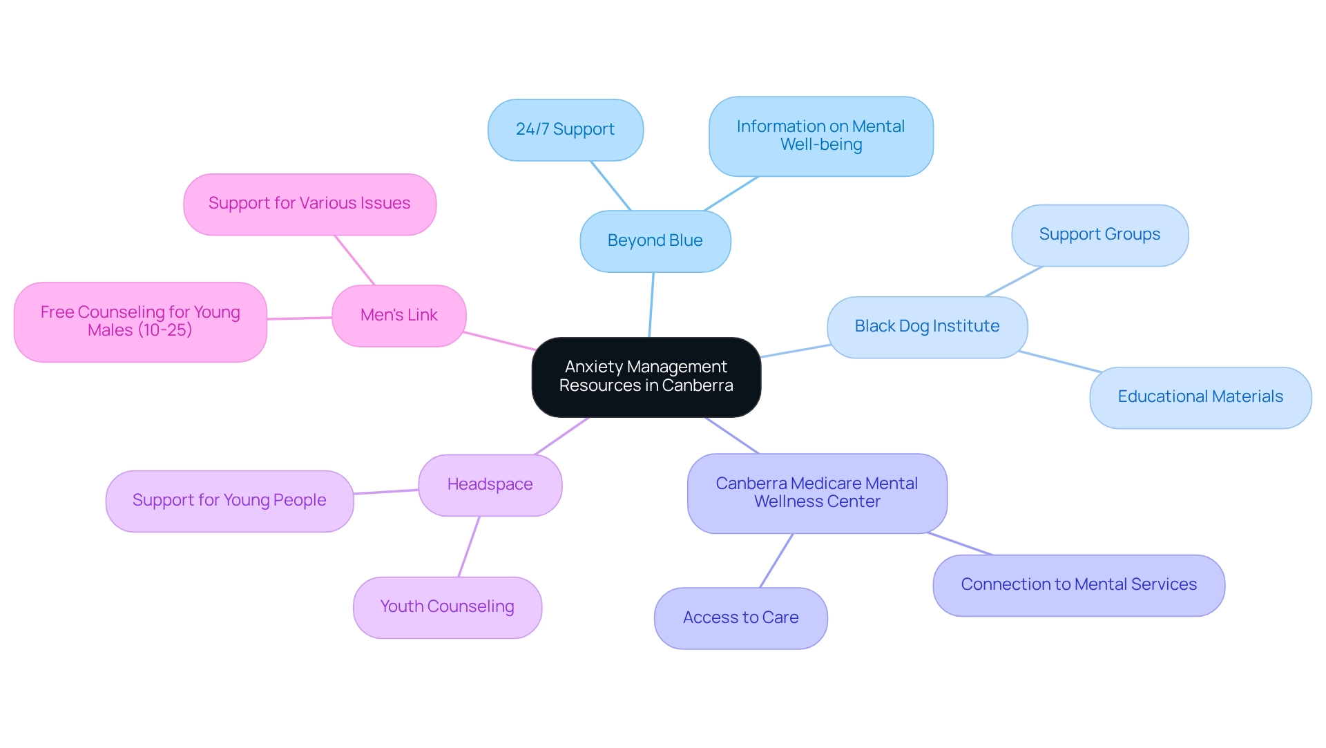 Each branch represents a resource organization, with sub-branches detailing their services and support systems.