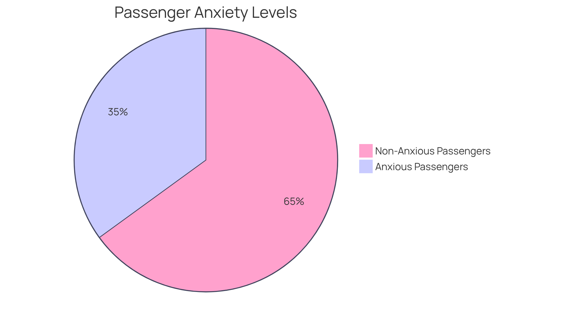 This chart shows how many passengers feel anxious during flights. The blue segment represents those who experience anxiety (30-40%), while the gray segment represents those who do not (60-70%).
