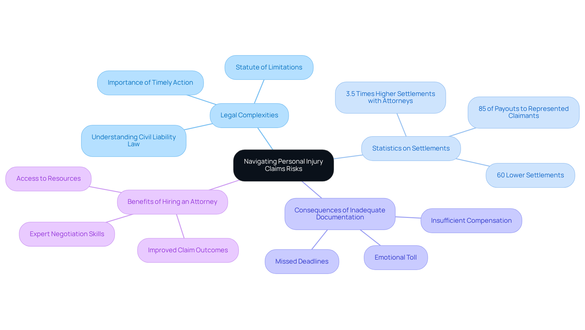 Each branch represents a different aspect of the risks involved in personal injury claims without legal help. Follow the branches to explore related statistics, consequences, and the positive impact of having an attorney. Each branch represents a different aspect of the risks involved in personal injury claims without legal help. Follow the branches to explore related statistics, consequences, and the positive impact of having an attorney.
