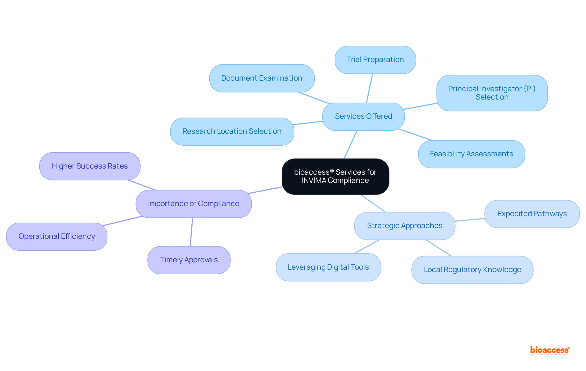 The central node represents bioaccess®'s role in supporting Medtech startups. Each branch shows different services and strategies, highlighting how they contribute to achieving compliance and success. Follow the branches to see how these elements interconnect. The central node represents bioaccess®'s role in supporting Medtech startups. Each branch shows different services and strategies, highlighting how they contribute to achieving compliance and success. Follow the branches to see how these elements interconnect.