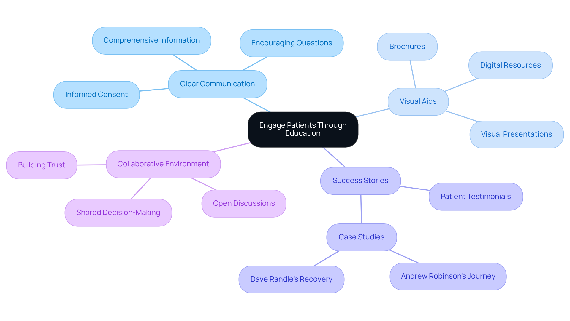 Start at the center with the main theme of patient engagement, then explore each strategy and its components. Each branch represents a different approach to fostering informed decision-making and enhancing patient satisfaction. Start at the center with the main theme of patient engagement, then explore each strategy and its components. Each branch represents a different approach to fostering informed decision-making and enhancing patient satisfaction.