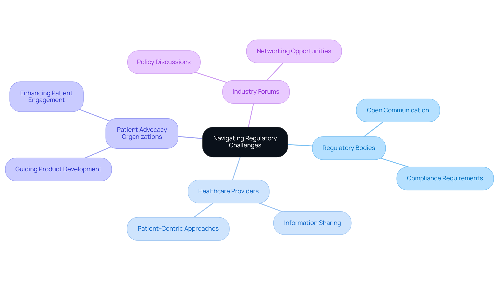 The center represents the main challenge of navigating regulations. The branches show different stakeholder groups and their contributions, highlighting how they work together to influence and comply with regulatory standards. The center represents the main challenge of navigating regulations. The branches show different stakeholder groups and their contributions, highlighting how they work together to influence and comply with regulatory standards.