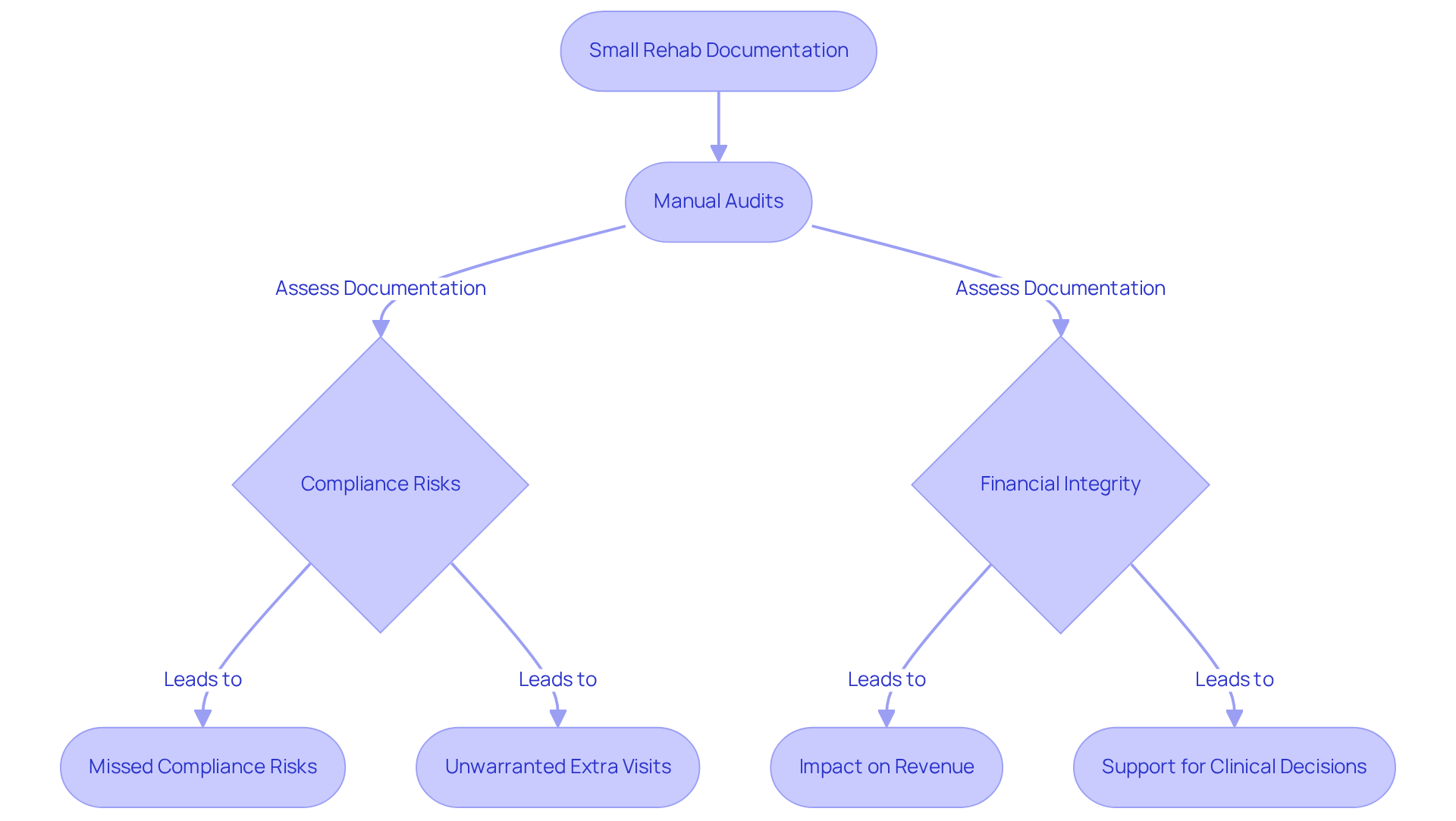 This flowchart illustrates how small rehab documentation leads to manual audits, which can result in compliance risks and financial integrity issues. Follow the arrows to understand how each part connects and the potential outcomes of poor record-keeping.