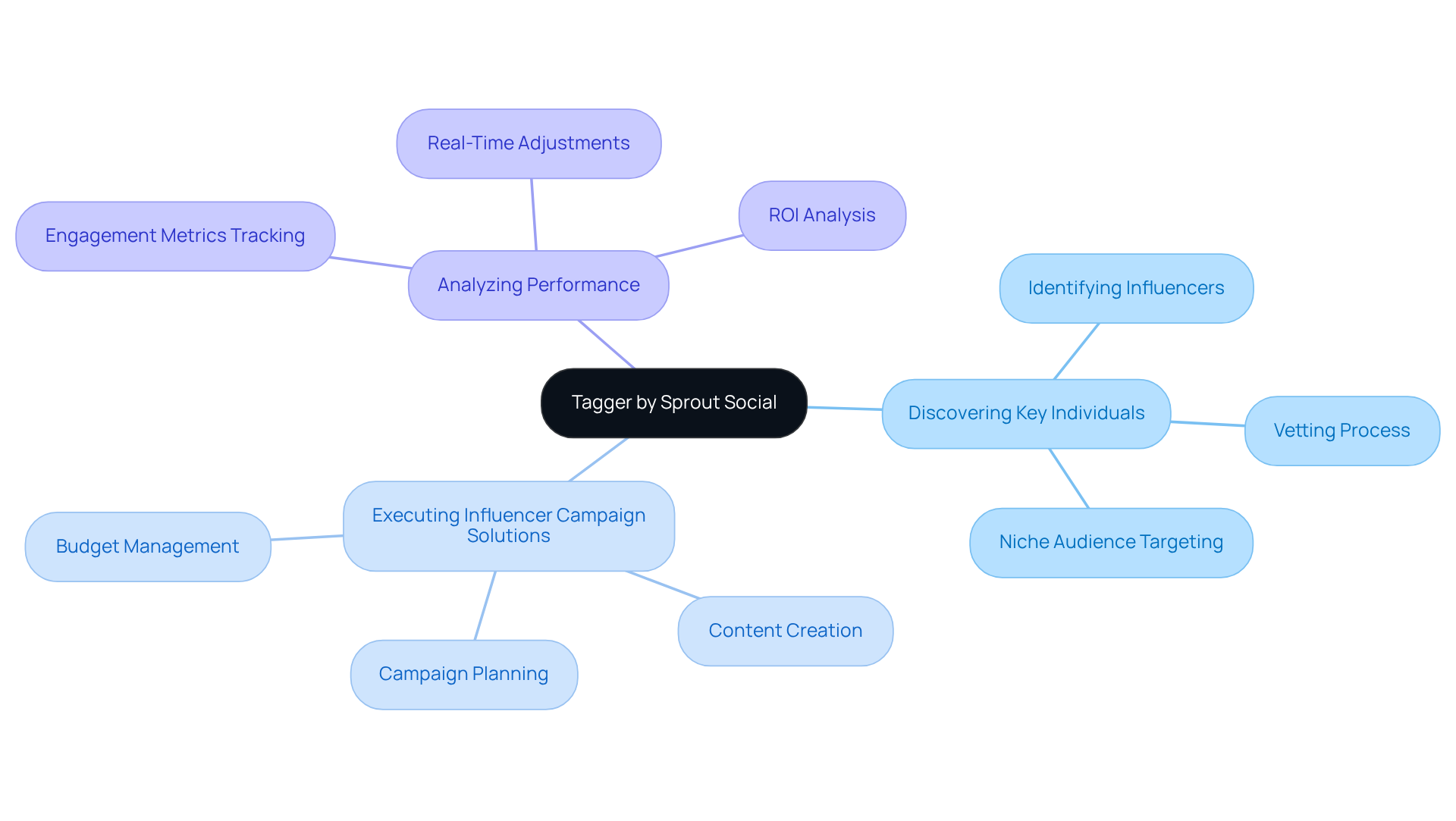 The center represents Tagger's overall offering, while the branches show the key features that help DTC brands manage their influencer campaigns effectively. Each feature is a tool that contributes to better campaign oversight and results.