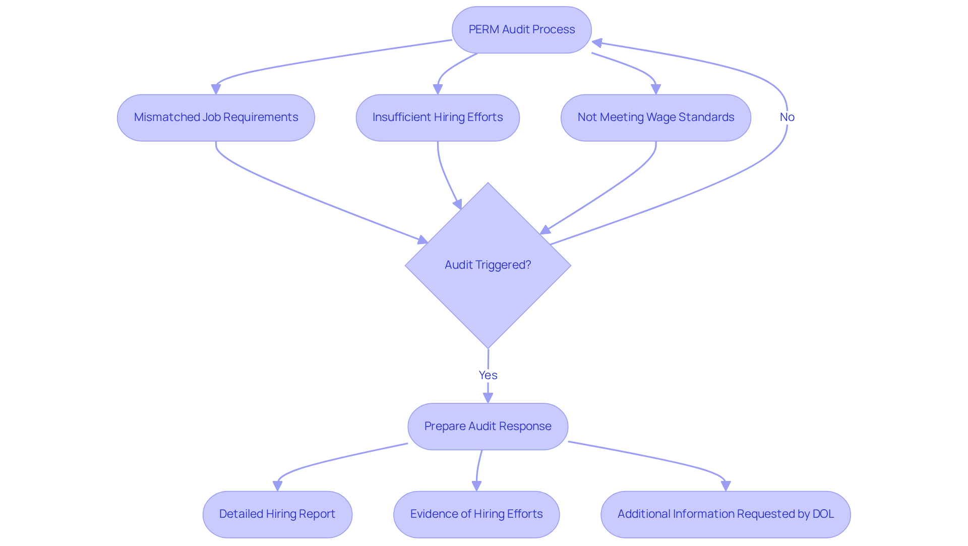 This flowchart illustrates the steps involved in the PERM audit process. Start with the triggers that can lead to an audit, and follow the arrows to see how to respond effectively. Each box represents a key point in the process, helping you understand what to watch for and how to prepare.