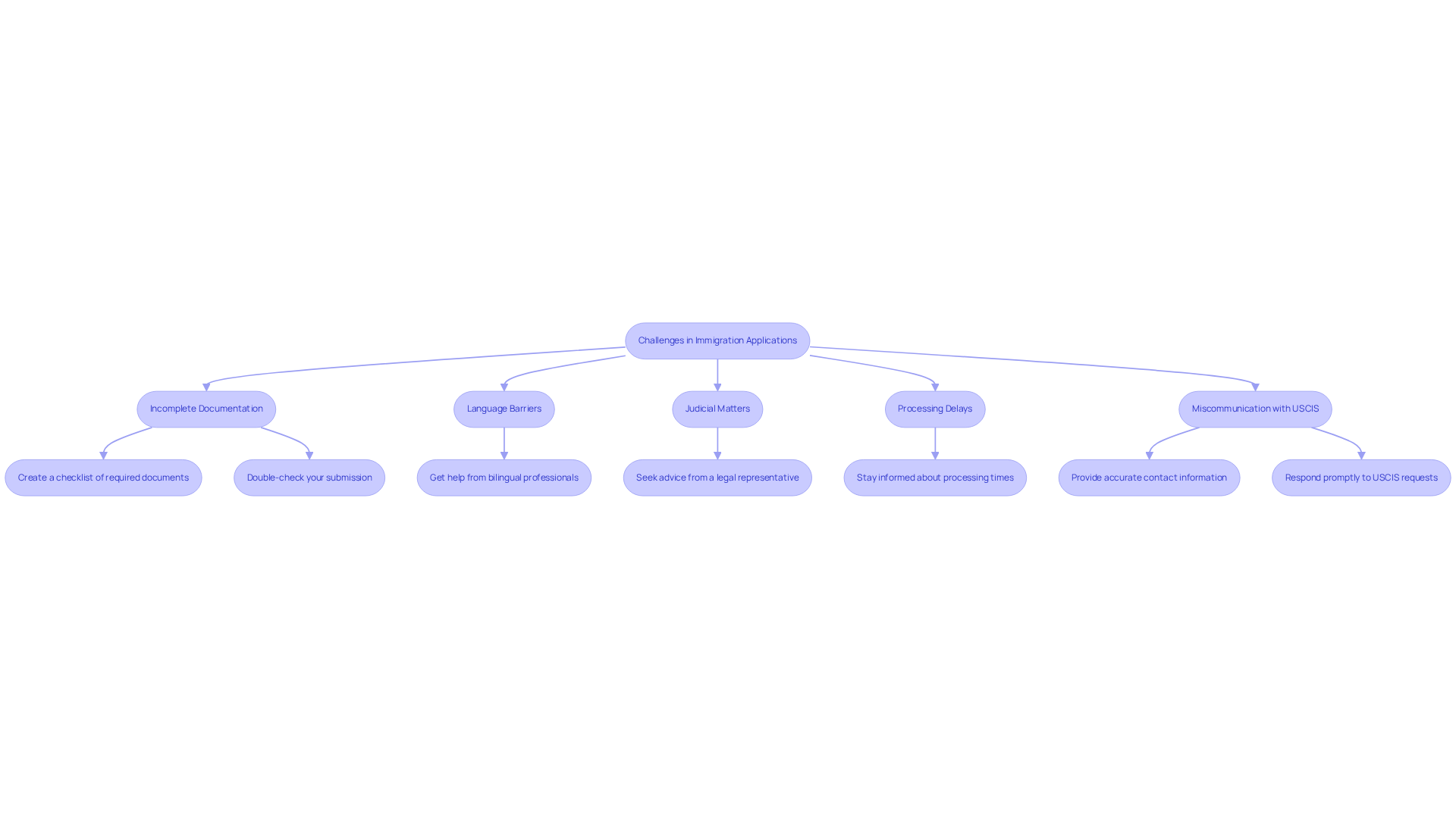 This flowchart shows common challenges faced during immigration applications and the strategies to tackle them. Follow the arrows from each challenge to see how you can effectively manage and overcome these obstacles.