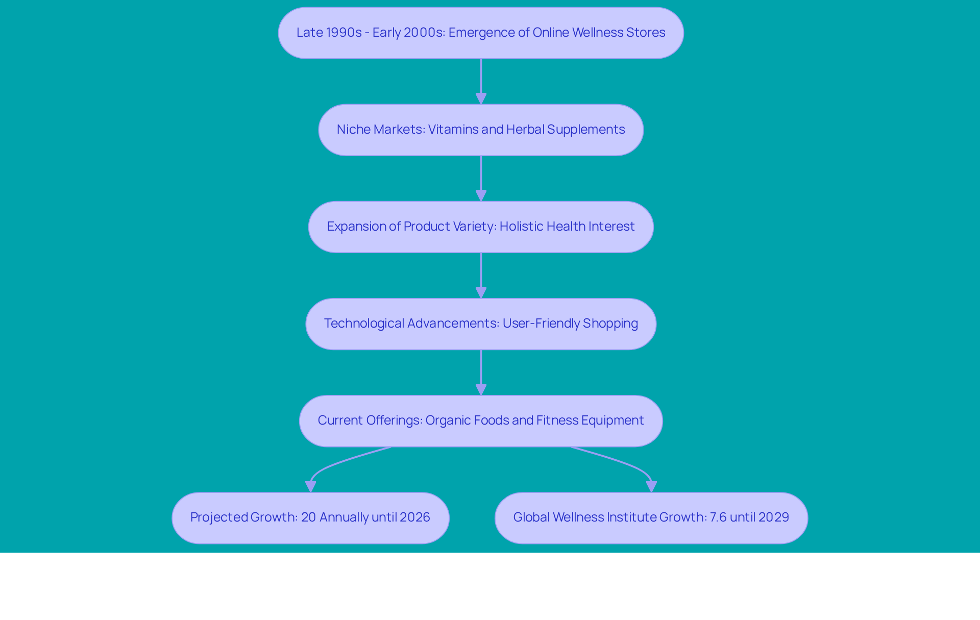 This flowchart shows the journey of online wellness stores from their beginnings to their current state and future projections. Each box represents a significant milestone or trend in the evolution of the market. This flowchart shows the journey of online wellness stores from their beginnings to their current state and future projections. Each box represents a significant milestone or trend in the evolution of the market.