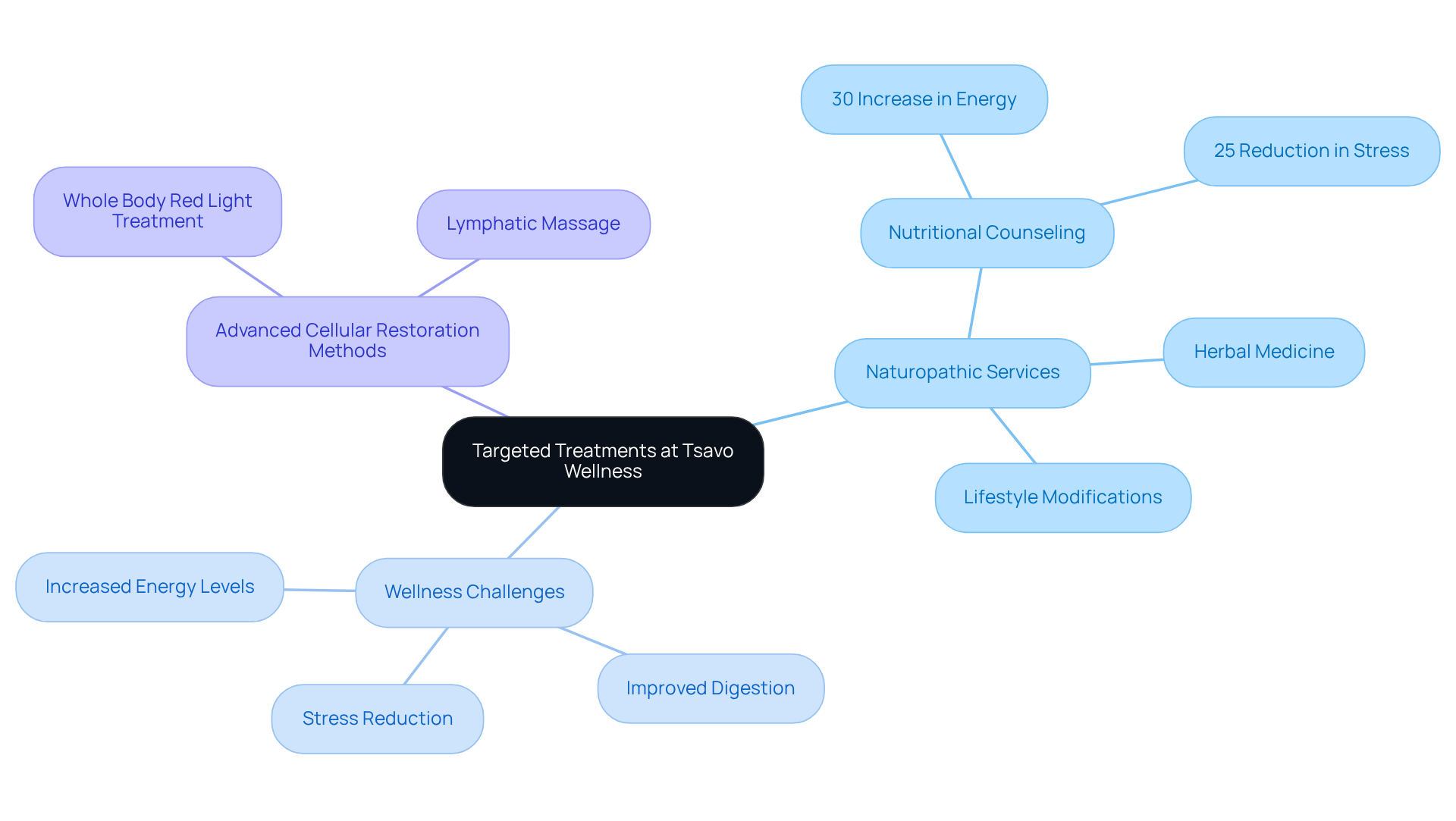 The central node represents Tsavo Wellness's approach, with branches showing the types of services offered and their respective benefits. Each color-coded branch highlights a specific focus area, making it easier to understand how each service contributes to overall wellness.