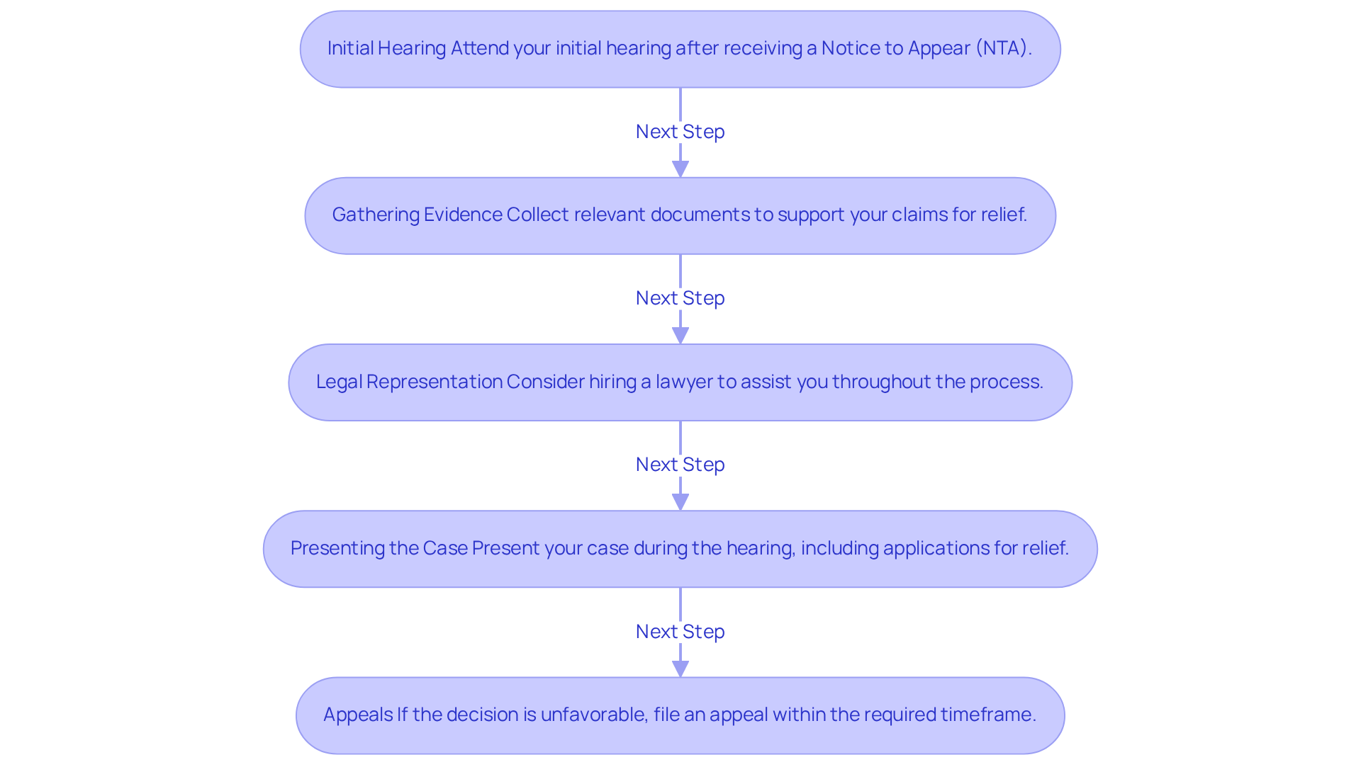 Each box represents a step in the immigration legal process. Follow the arrows to see how each step connects to the next, helping you understand what to expect and what actions to take. Each box represents a step in the immigration legal process. Follow the arrows to see how each step connects to the next, helping you understand what to expect and what actions to take.