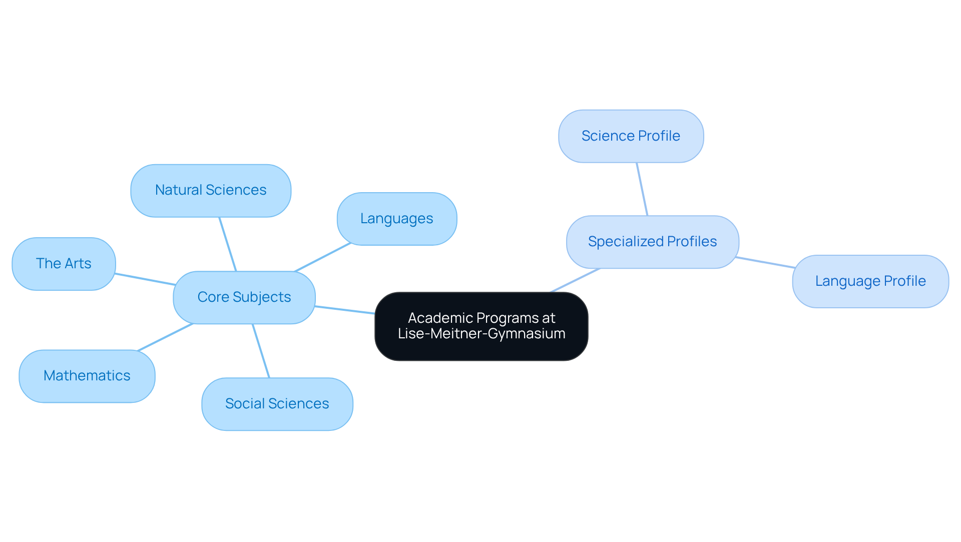 The central node represents the academic programs, while the branches show the core subjects and specialized profiles available. Each color-coded branch helps you easily identify different areas of study. The central node represents the academic programs, while the branches show the core subjects and specialized profiles available. Each color-coded branch helps you easily identify different areas of study.