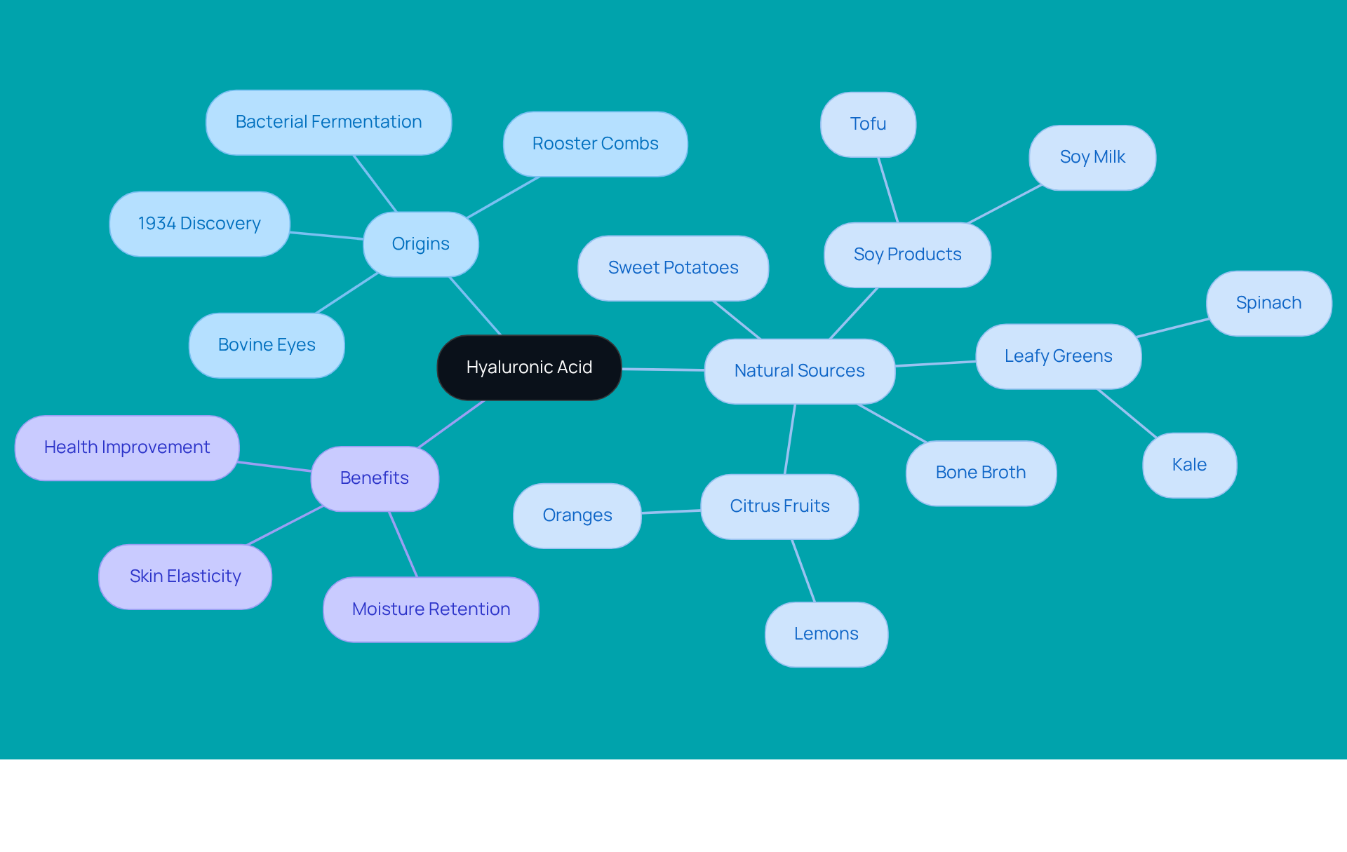 The center shows the main topic, hyaluronic acid. Branches represent its origins, natural sources, and health benefits. Follow the lines to see how each aspect connects to the main idea.