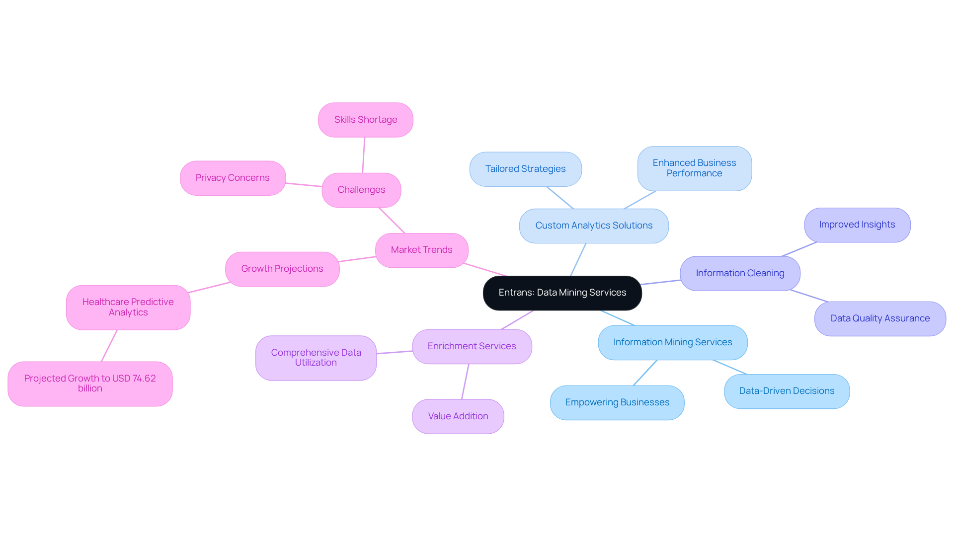 The central node represents Entrans's core focus, while the branches show the different services and market dynamics. Each branch highlights how these services contribute to business success and the challenges faced in the industry.