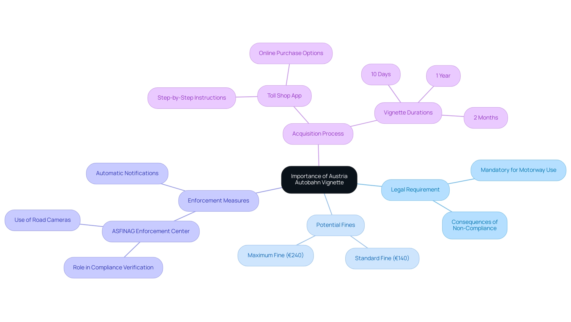 The central node represents the importance of the vignette, with branches indicating key areas: legal requirements, potential fines, enforcement measures, and acquisition process.