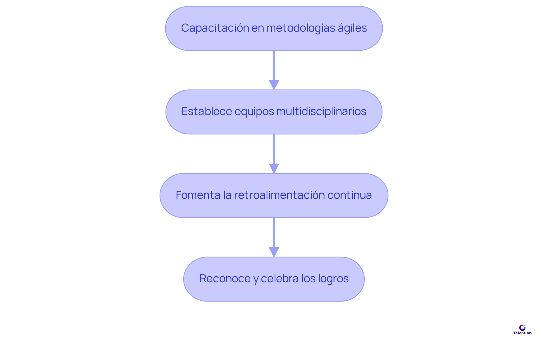 Cada cuadro representa un paso en el proceso de implementación. Sigue las flechas para ver cómo cada estrategia se conecta y se construye sobre la anterior, ayudando a la organización a adoptar una cultura ágil.