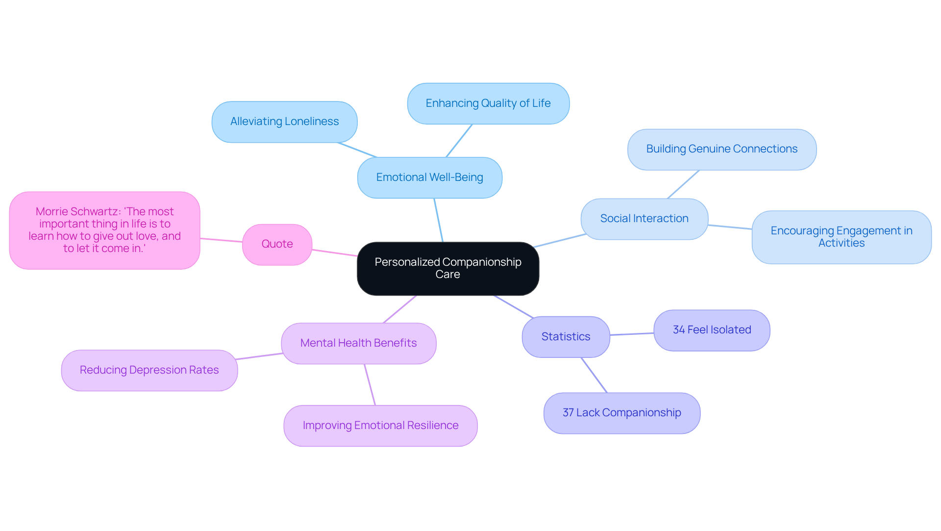 The center node represents the core theme of companionship care. Each branch explores a related theme, with detailed statistics and quotes that highlight the importance of companionship for elderly individuals.