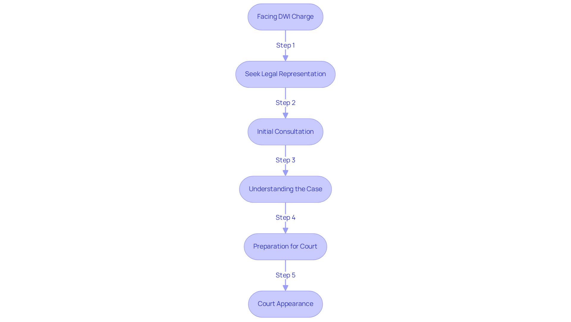 This flowchart shows the steps you might take if you're facing a DWI charge for the first time. Each box represents a stage in the process, and the arrows guide you through the journey, highlighting the support you can expect at each step.