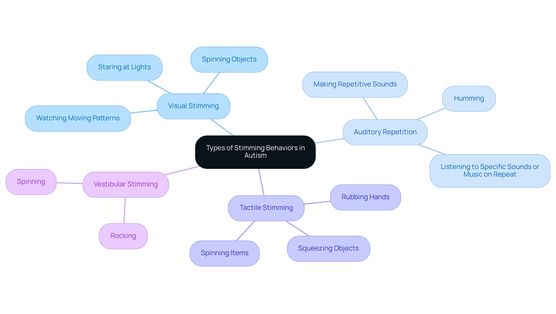 The central node represents the overall topic, with branches showing the four key types of stimming behaviors and their respective characteristics.