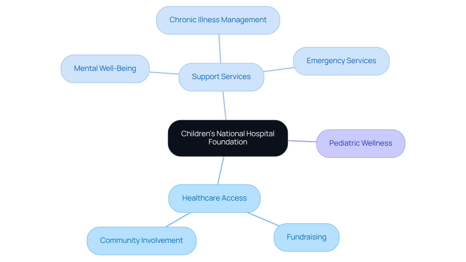 Start at the center with the Foundation's overall role, then explore the branches to learn about the specific initiatives and focus areas that support children's health and well-being. Start at the center with the Foundation's overall role, then explore the branches to learn about the specific initiatives and focus areas that support children's health and well-being.