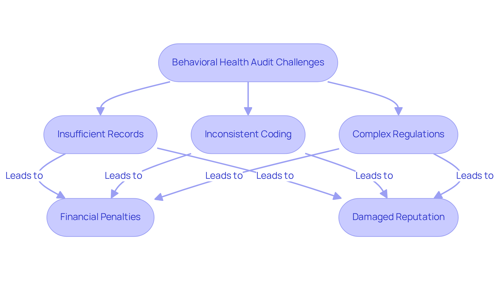 This flowchart shows the main challenges in behavioral health audits and their consequences. Each box represents a challenge or consequence, and the arrows indicate how they are connected. Follow the flow to understand how these issues impact compliance and provider reputation.