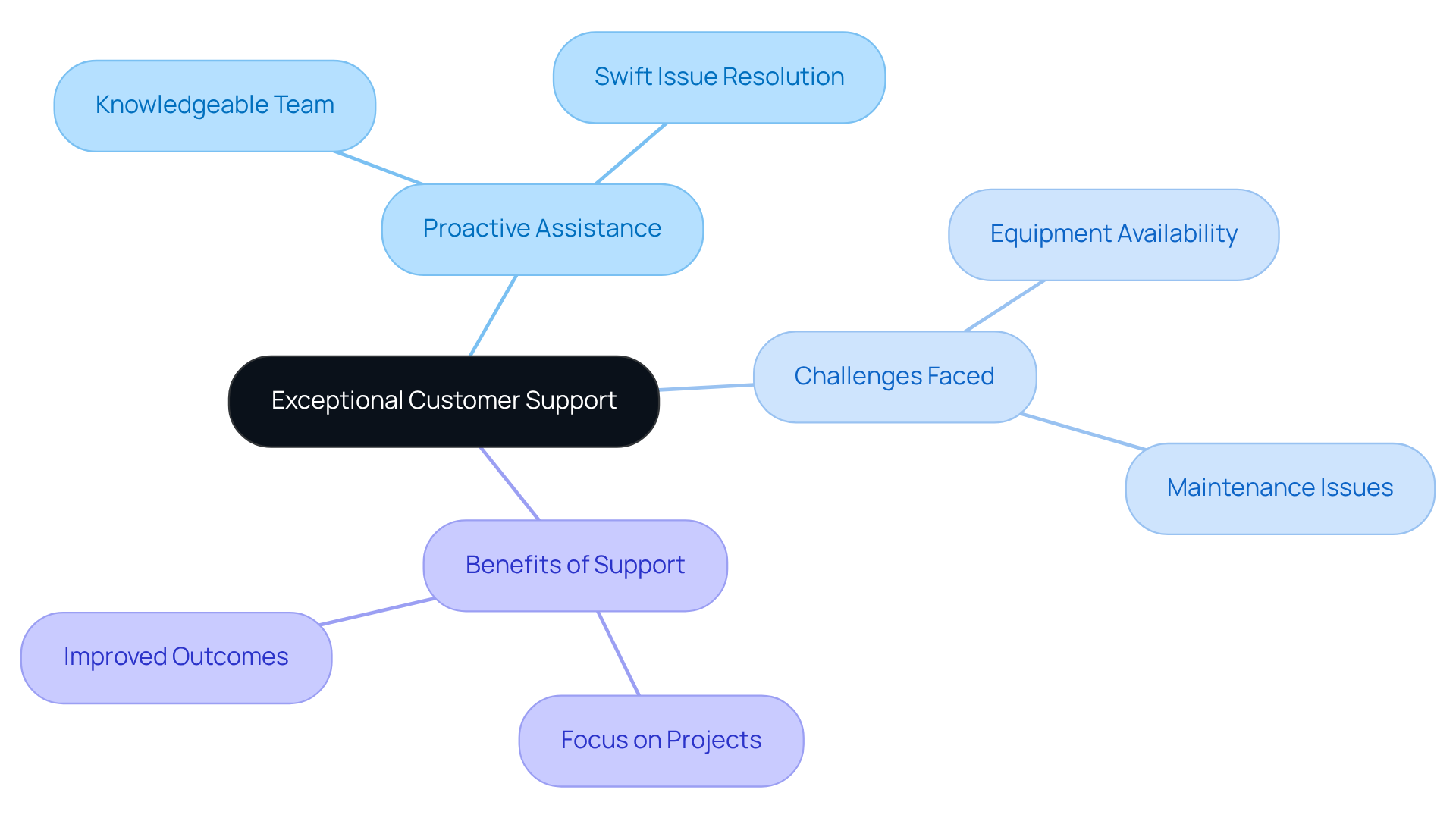 Start at the center with the main idea of customer support, then explore how it connects to challenges and benefits in the leasing process. Each branch represents a key theme, helping you see the bigger picture.