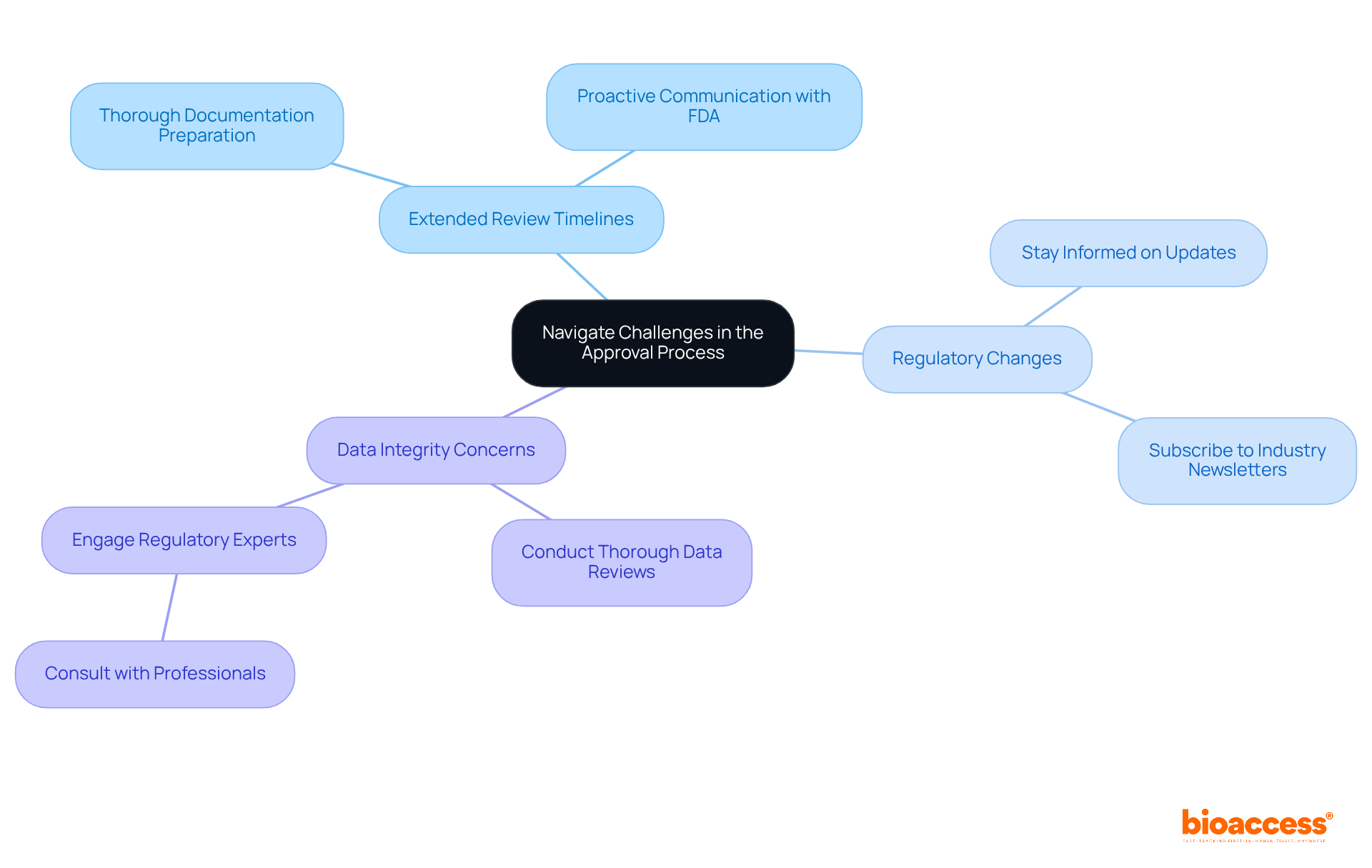 The central node represents the main topic, while the branches show specific challenges. Each sub-branch details strategies to overcome those challenges, making it easy to understand how to navigate the approval process.