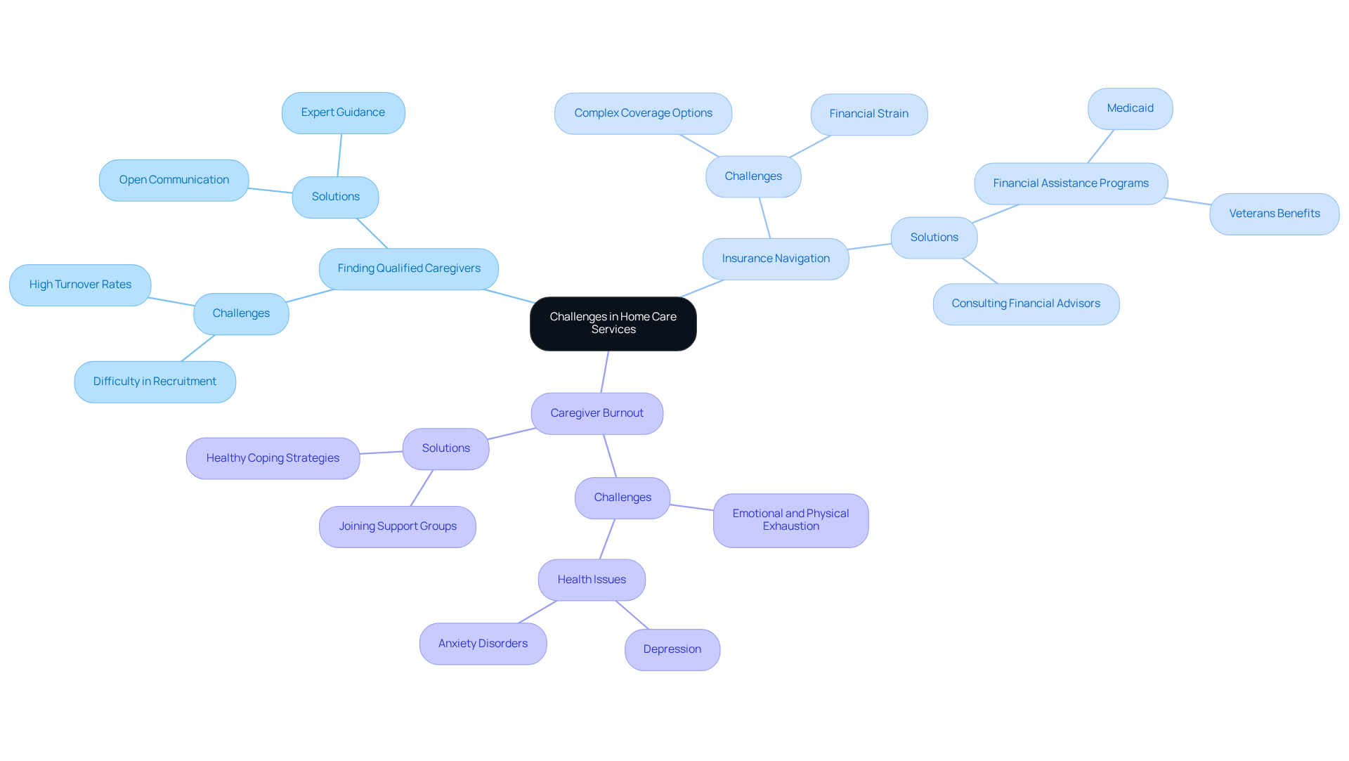 The center represents the main challenges in home care. The branches show specific issues and solutions that can help families navigate these challenges, making it clear that support and resources are available.
