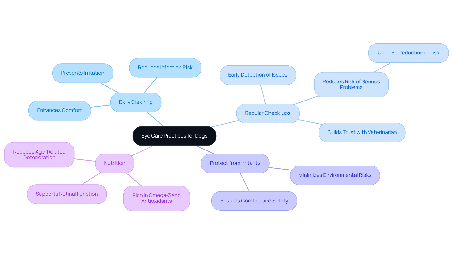 The center shows the main topic of eye care, while the branches illustrate different practices. Each practice highlights a key aspect of maintaining your dog's eye health, making it easy to understand how to care for their eyes.
