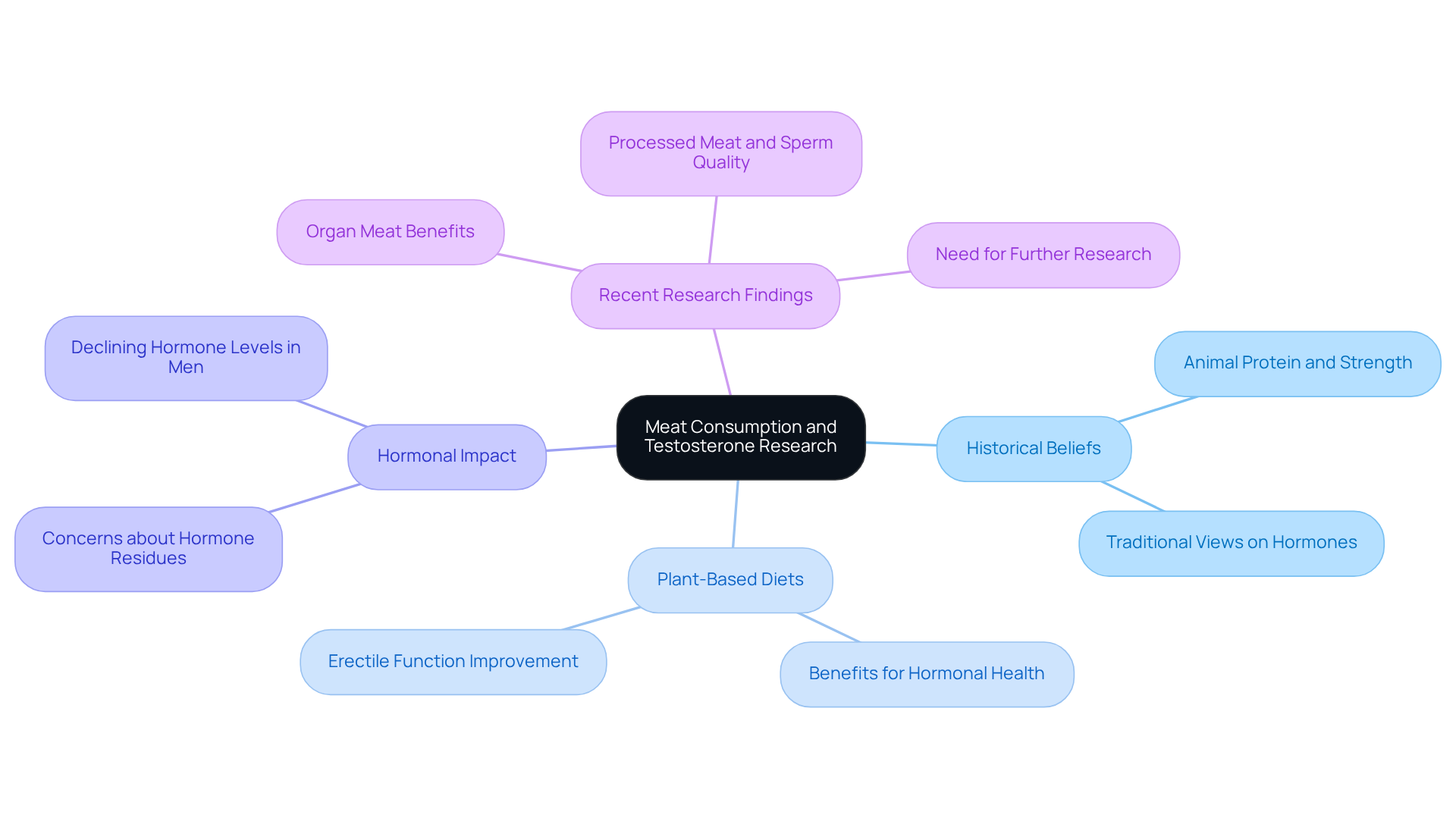 The central idea is about how meat consumption relates to testosterone and health. Each branch explores different aspects, showing how traditional views are being challenged by new research and dietary trends.