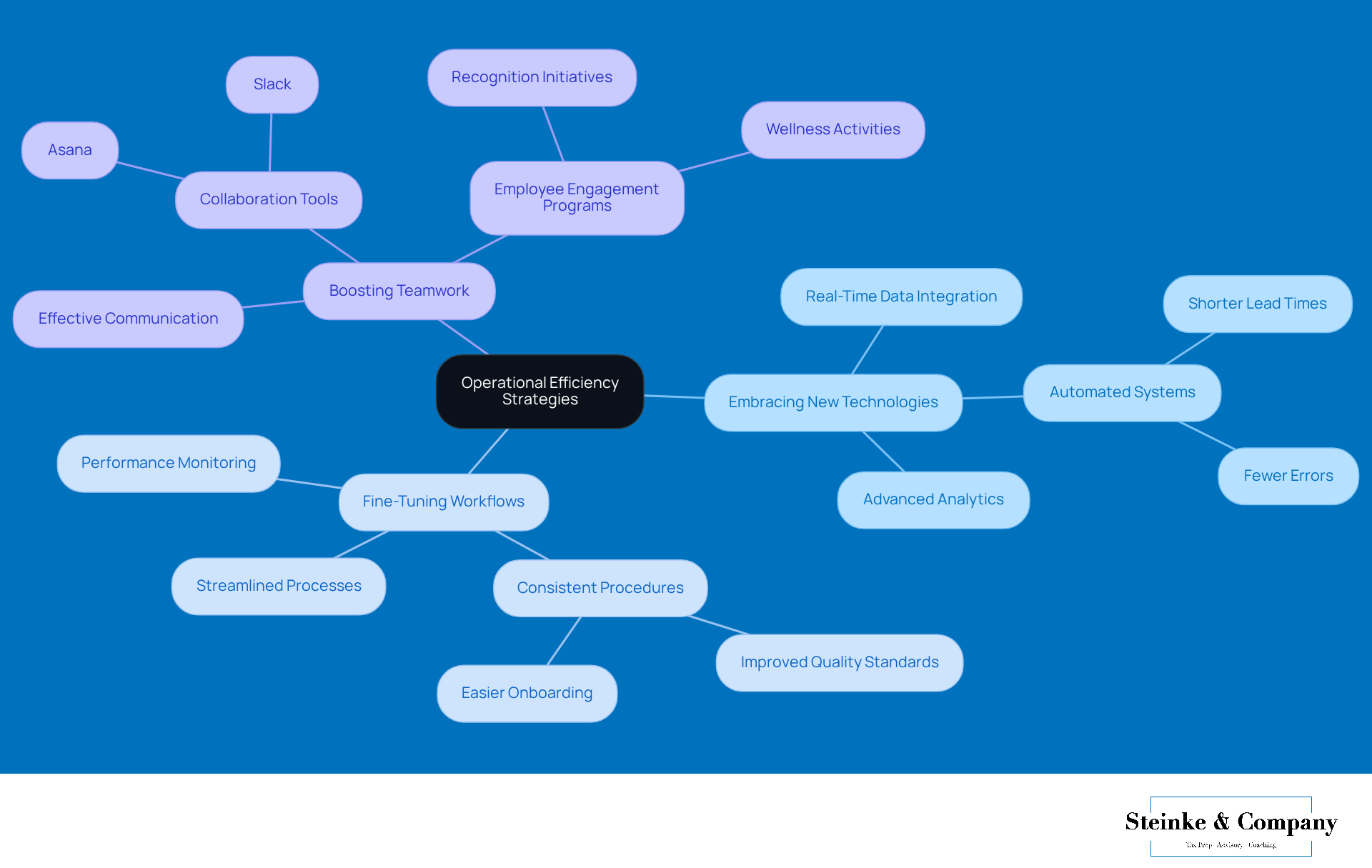 The center shows the main theme of operational efficiency, with branches representing different strategies and their benefits. Each branch connects to specific actions, illustrating how they contribute to the overall goal. The center shows the main theme of operational efficiency, with branches representing different strategies and their benefits. Each branch connects to specific actions, illustrating how they contribute to the overall goal.