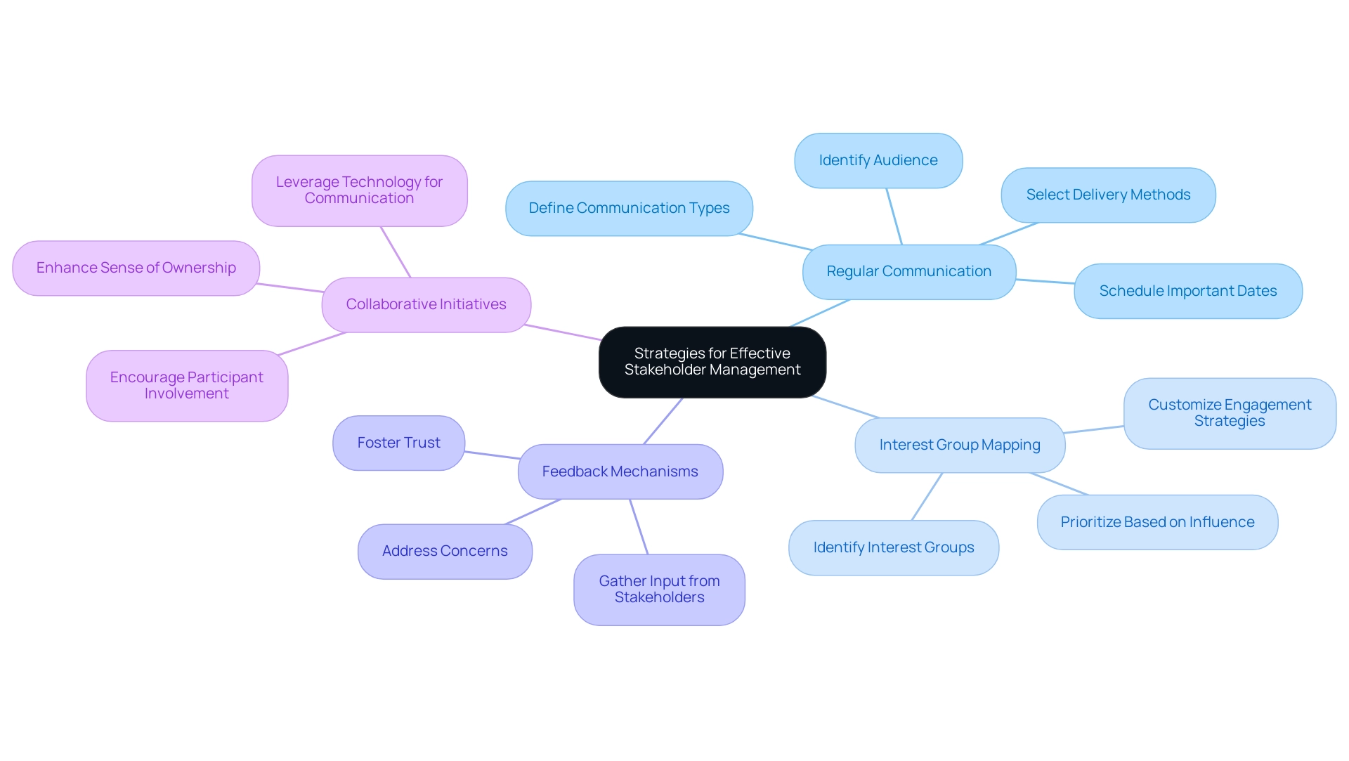 Each branch represents a key strategy for stakeholder management. Sub-branches indicate specific actions or considerations related to each strategy.