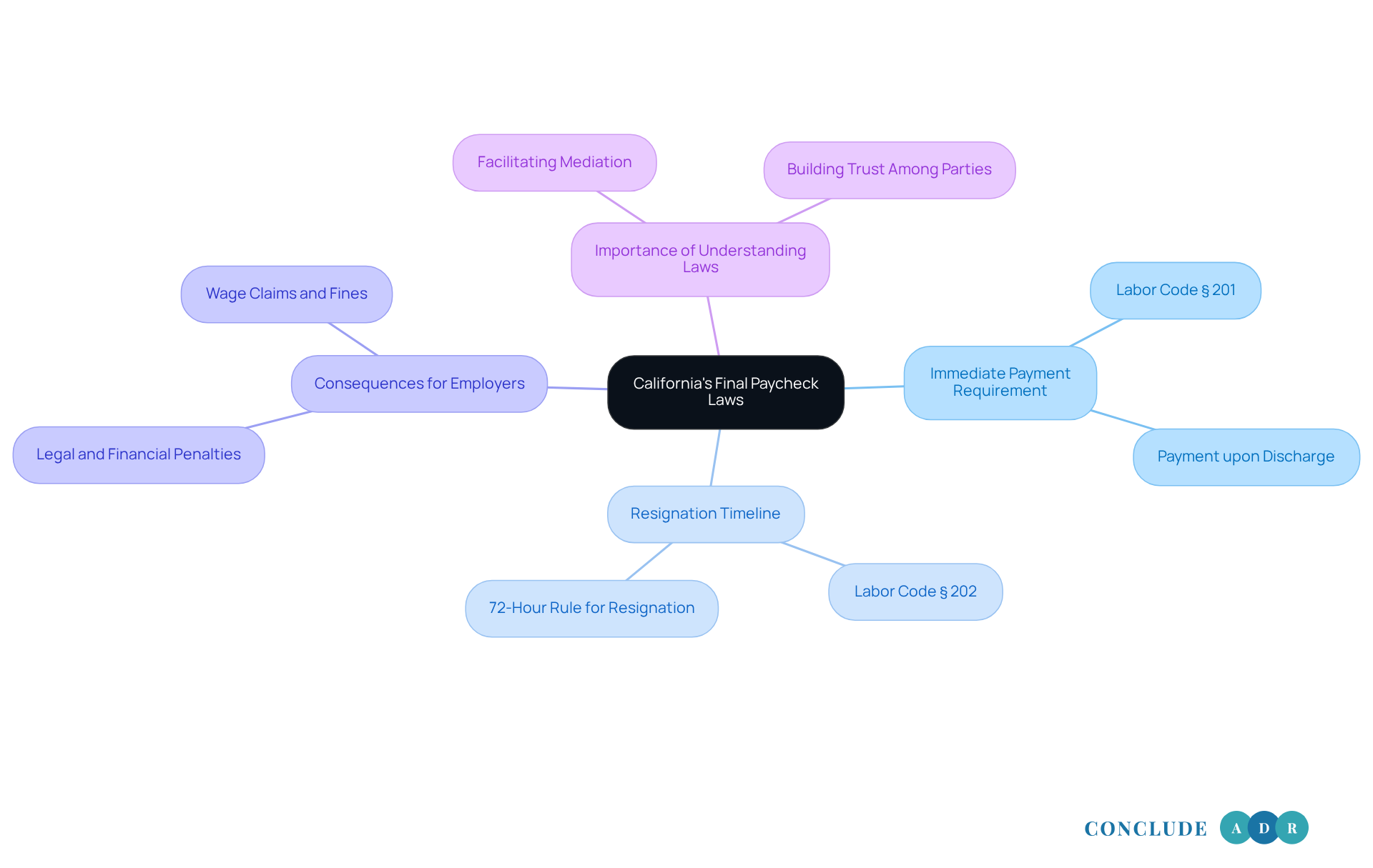 The central node represents the main topic, while branches show important aspects of the laws. Each sub-branch provides more detail, helping you understand how these laws affect employees and employers.