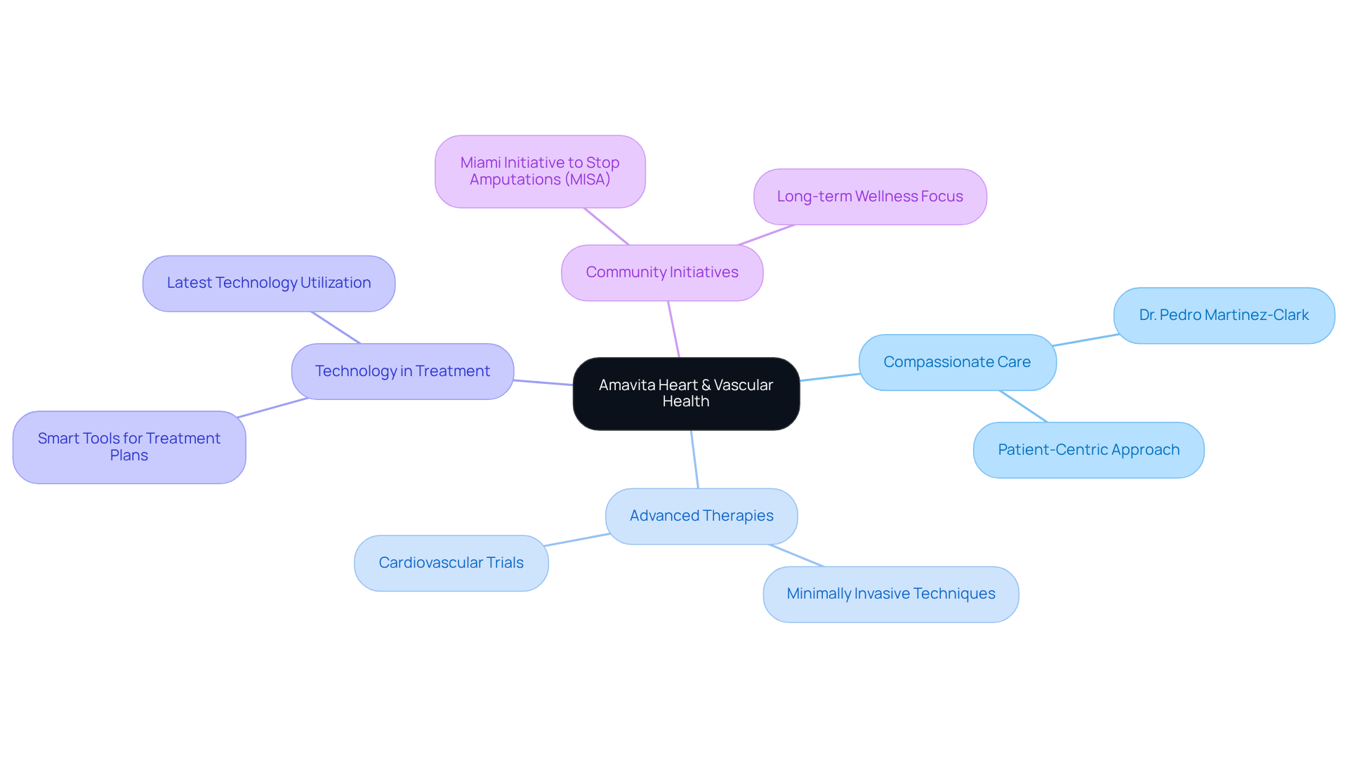 The central node represents the health center, while the branches show different areas of focus. Each color-coded branch highlights a specific theme, making it easy to see how they connect to the overall mission of supporting heart health.