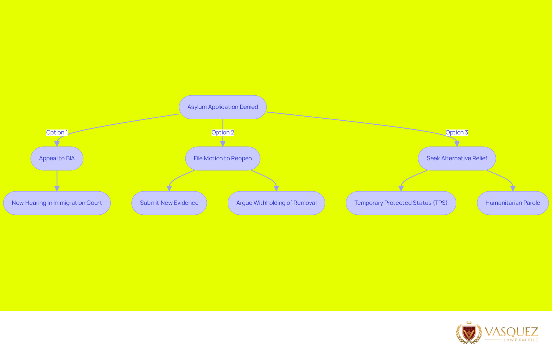 This flowchart guides you through your options after an asylum application denial. Start at the top with the denial, then follow the arrows to see your choices: appeal, file a motion, or seek alternative relief. Each box represents a step you can take to fight for your safety and legal status.