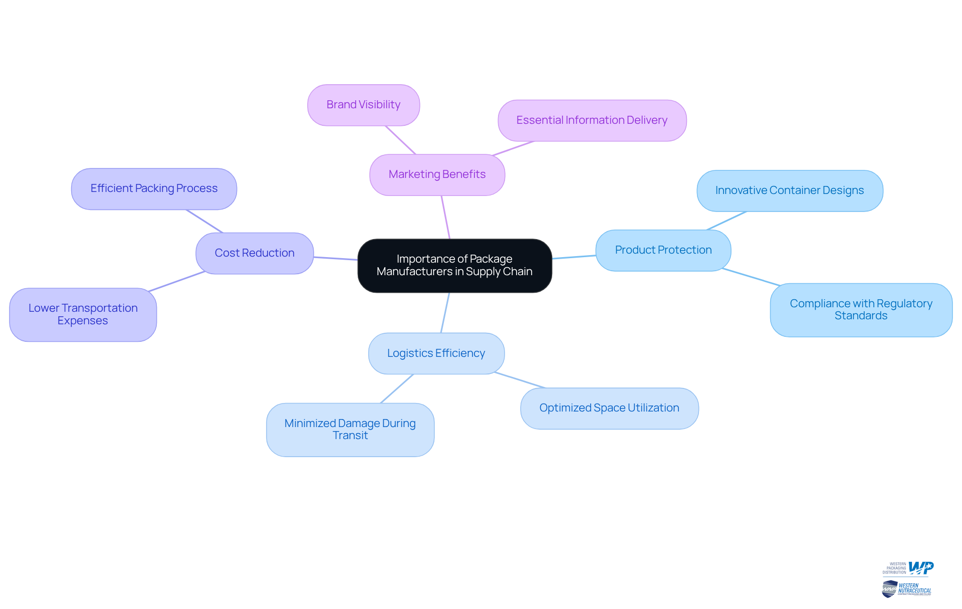 Start at the center with the main idea. Each branch represents a key role of package manufacturers, and the sub-branches give more details. This way, you can easily see how they contribute to the supply chain.