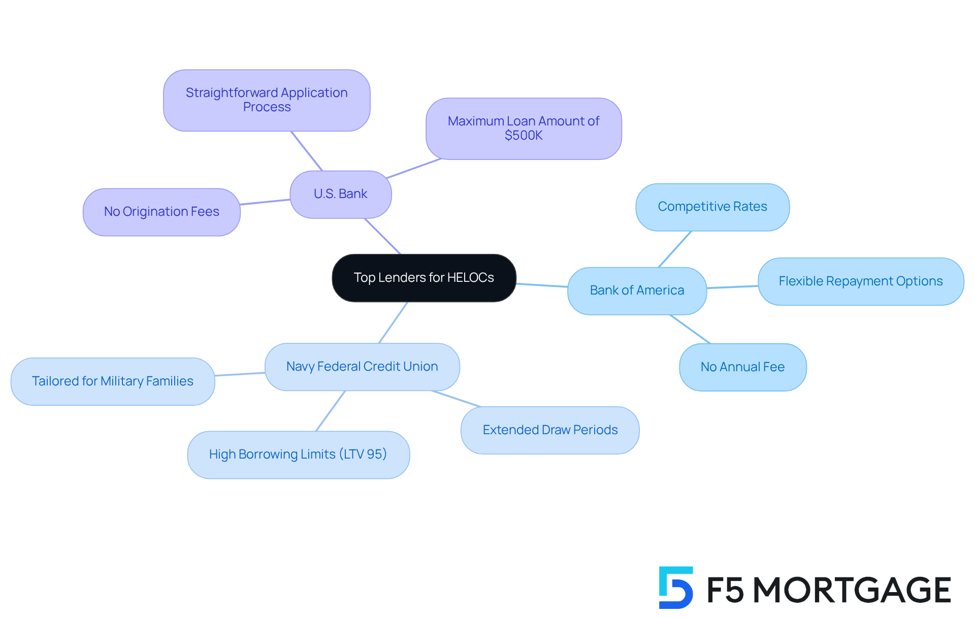 The central node represents the topic of HELOC lenders, while each branch shows a different lender. The sub-branches highlight specific features and benefits, helping families understand their options at a glance.