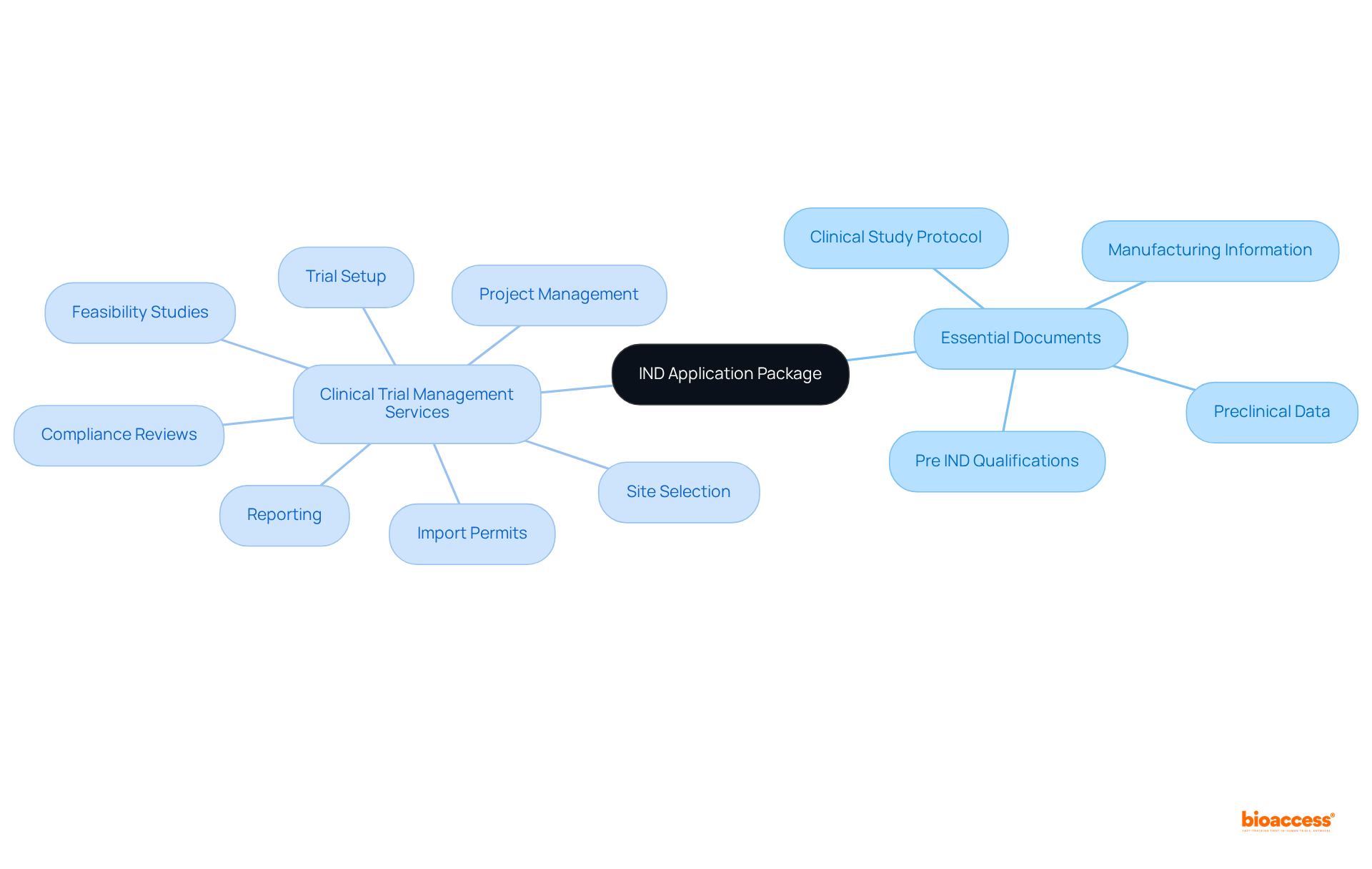 The center represents the overall IND application package, with branches showing the key documents needed and services available to assist in the submission process. Follow each branch to explore the components that contribute to a complete application.