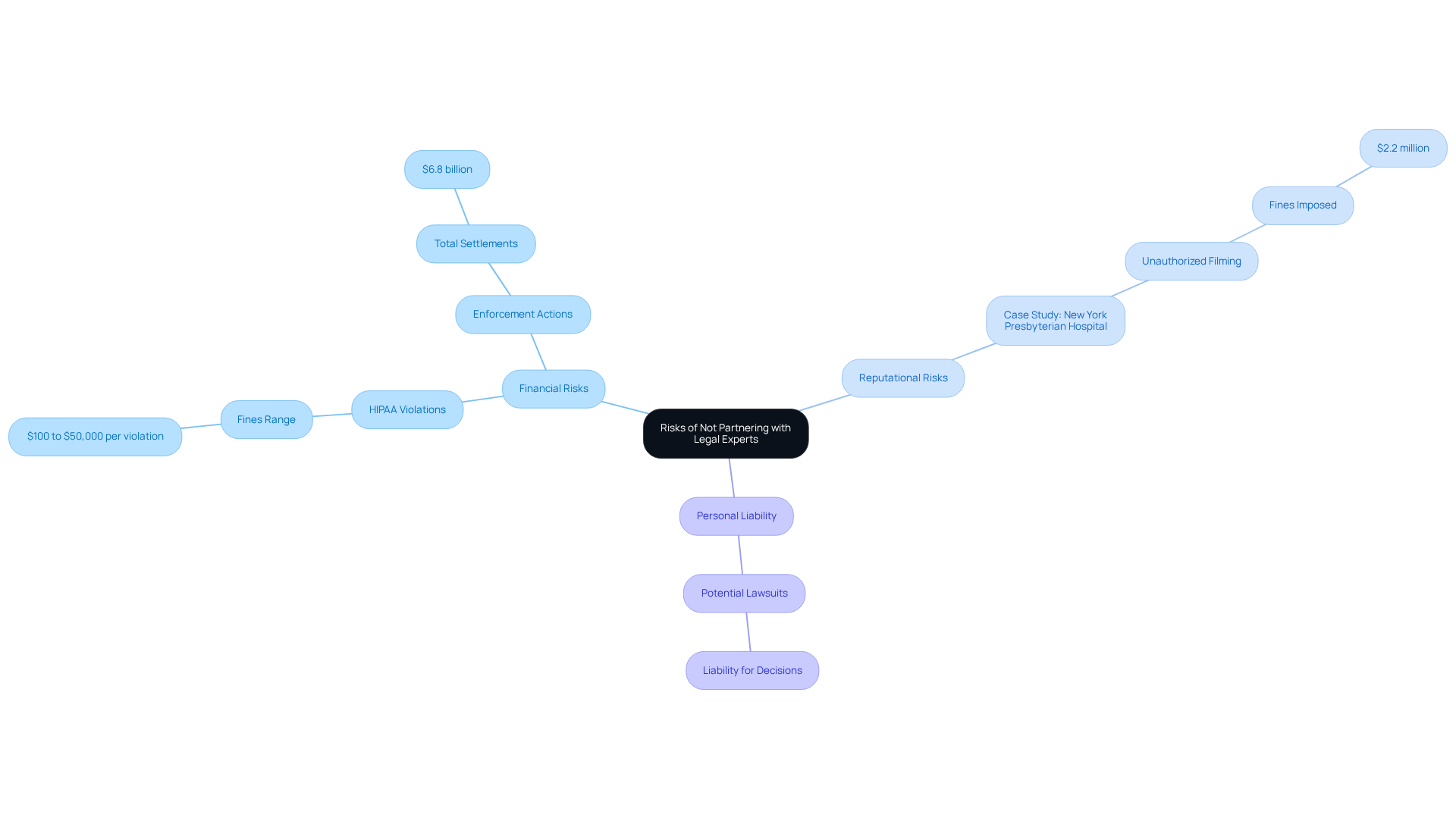 The central node represents the main topic, while the branches show different types of risks. Each sub-branch provides specific examples or details, helping you understand the potential consequences of not seeking legal guidance.