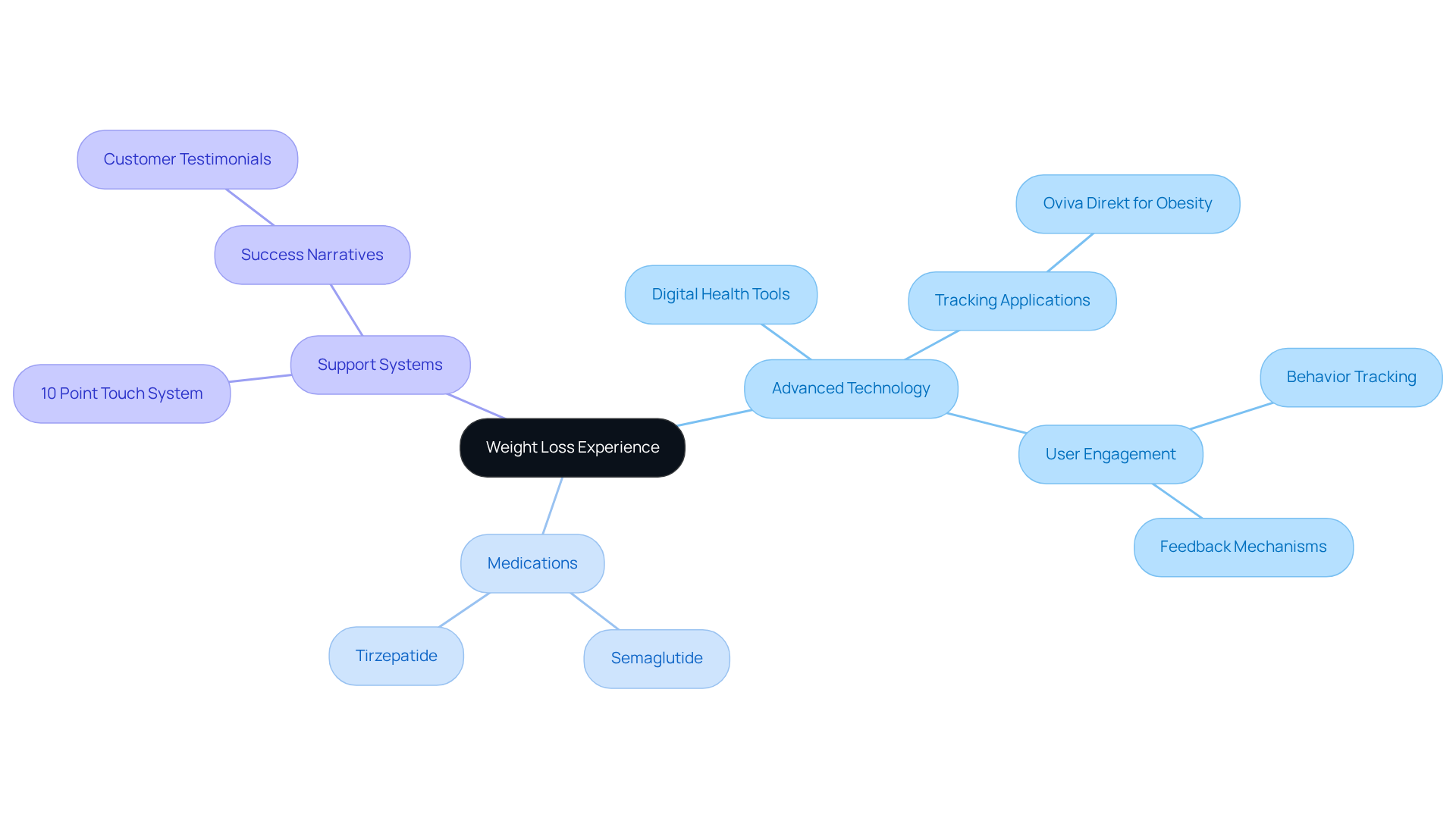 This mindmap illustrates how various elements contribute to a successful weight loss journey. Start at the center with the overall experience, then explore how technology, medications, and support systems work together to empower individuals on their health journey.
