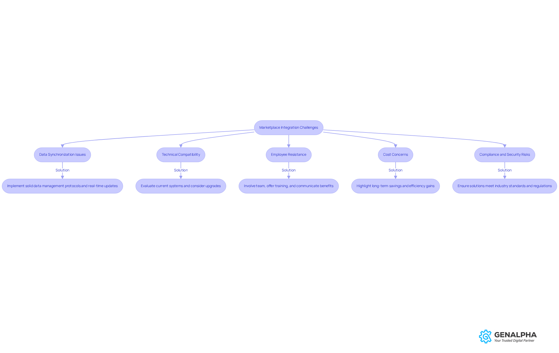 Each box represents a challenge faced during marketplace integration, with arrows leading to solutions. Follow the flow from challenges to see how to effectively address each one.