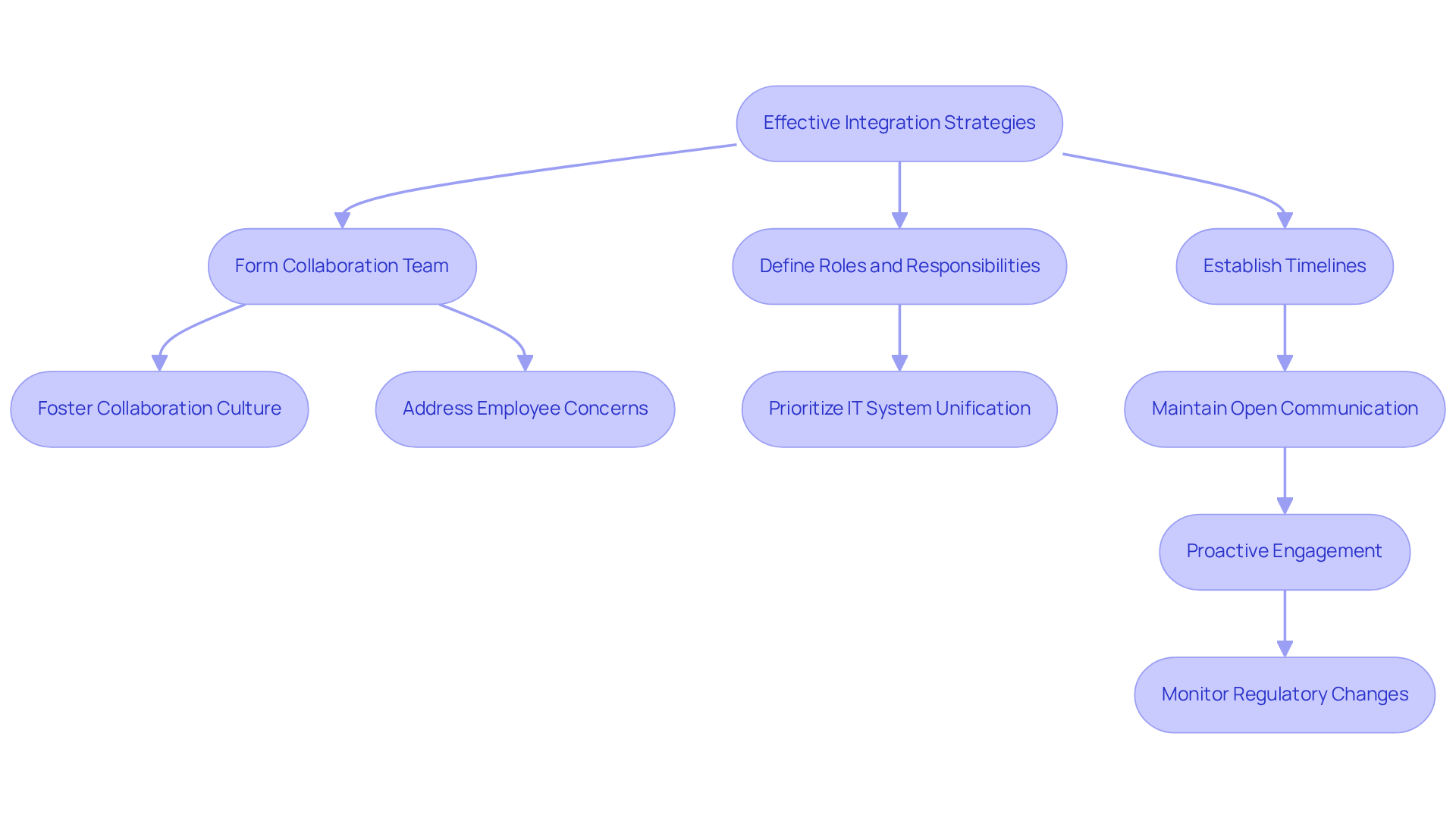 This flowchart outlines the key steps in successfully integrating two organizations during a merger. Each box represents a crucial action, and the arrows show how these actions connect and lead to the next steps in the process.