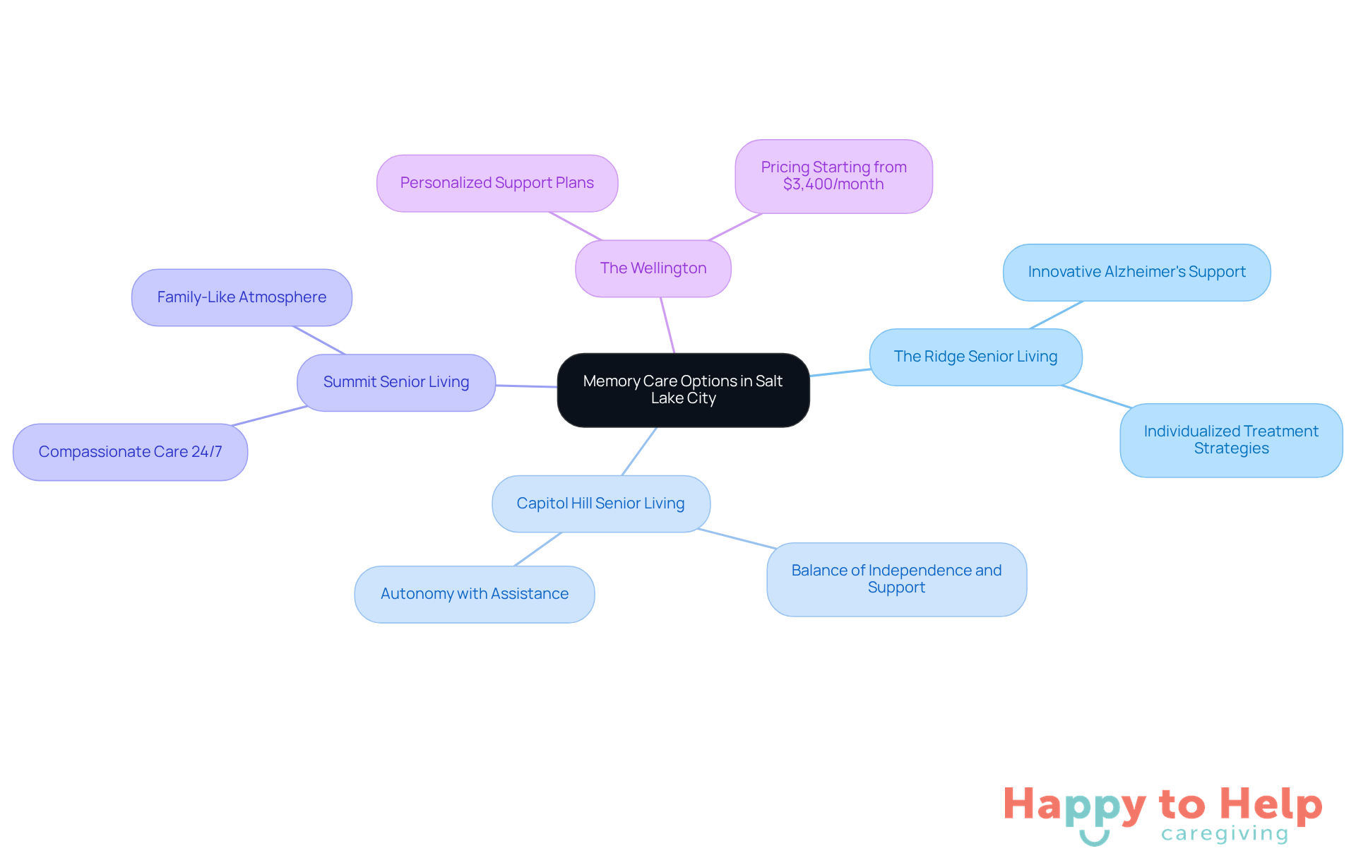 The central node represents the overall theme of memory care options, while each branch leads to a specific facility. Sub-branches provide details about what makes each facility unique, helping families understand their choices.