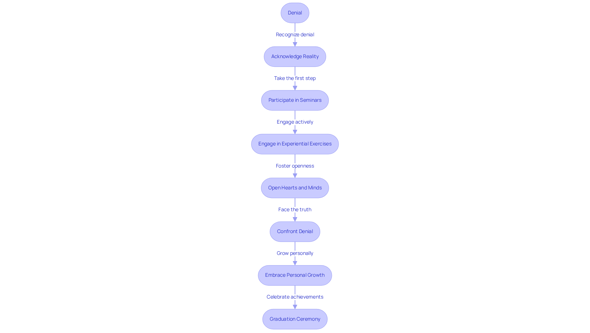 Follow the arrows to see how individuals move through the stages of recognizing denial, participating in workshops, and ultimately celebrating their growth and transformations. Follow the arrows to see how individuals move through the stages of recognizing denial, participating in workshops, and ultimately celebrating their growth and transformations.