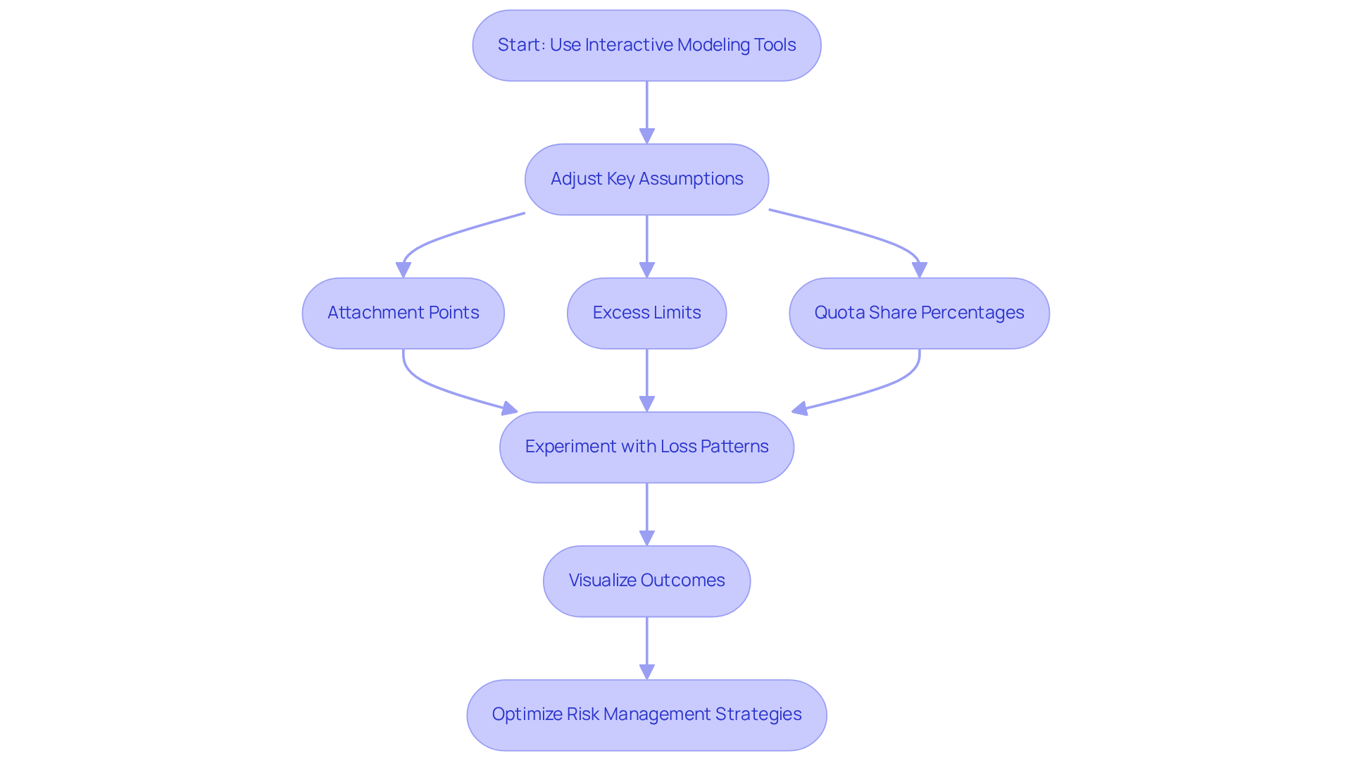 Follow the arrows to see how to use the modeling tools: start by adjusting assumptions, then experiment with different scenarios, and finally visualize the outcomes to optimize your risk management strategies.